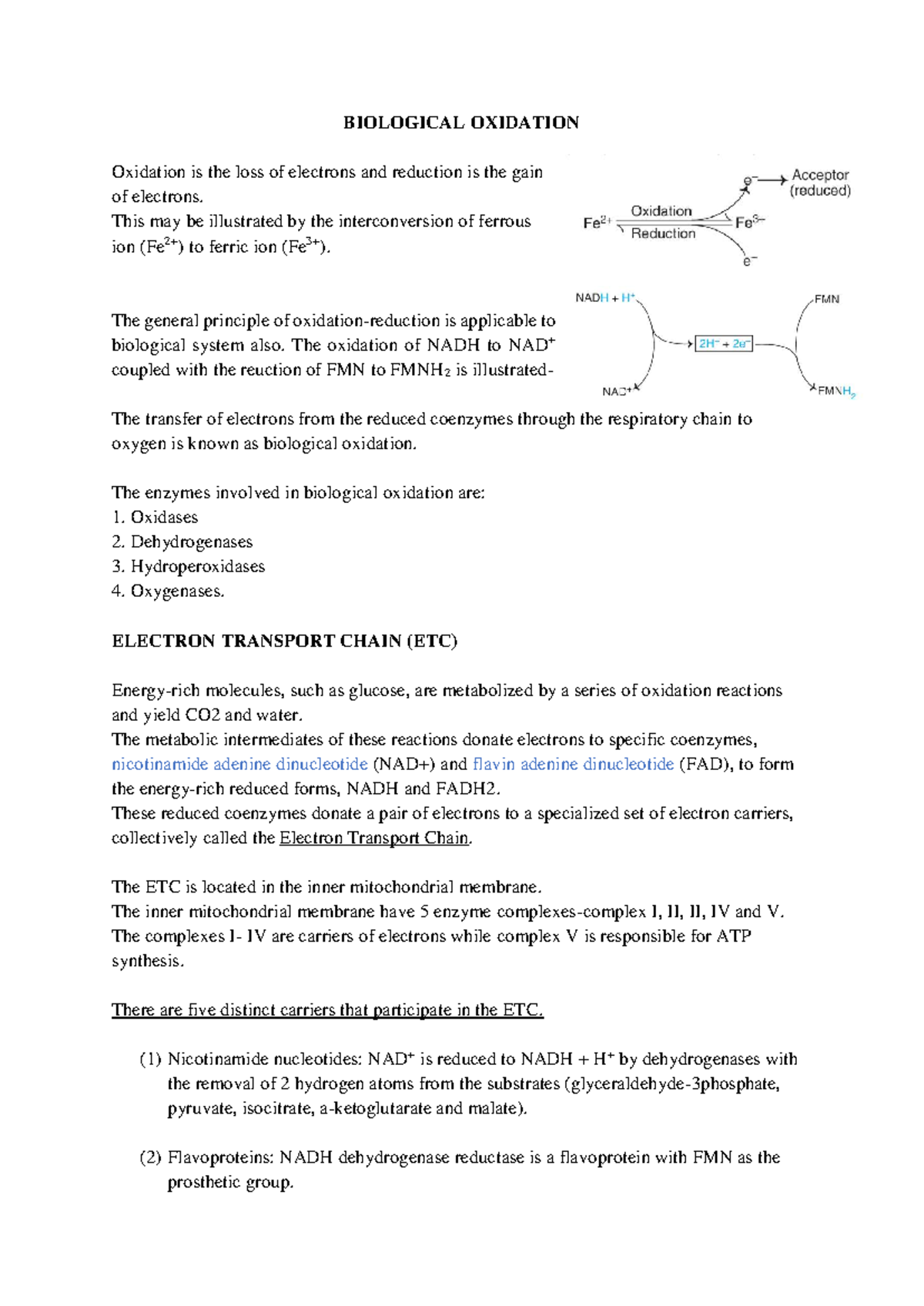 Biological Oxidation and Electron Transport Chain Overview - Studocu