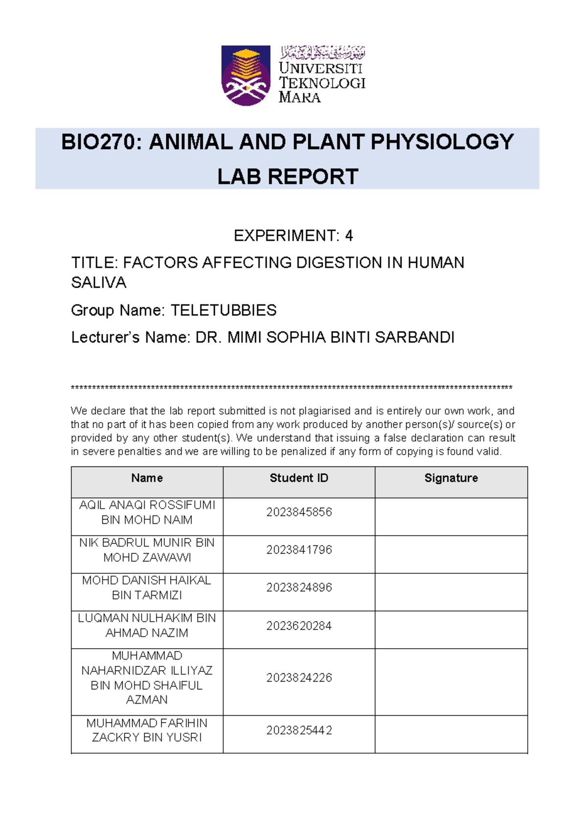 Factors Affecting Human Digestion: Lab Report 1 - BIO270 - Studocu