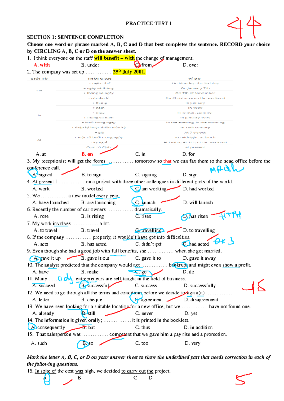 Practice TEST 1 - English Test 01: Sentence Completion and Corrections ...