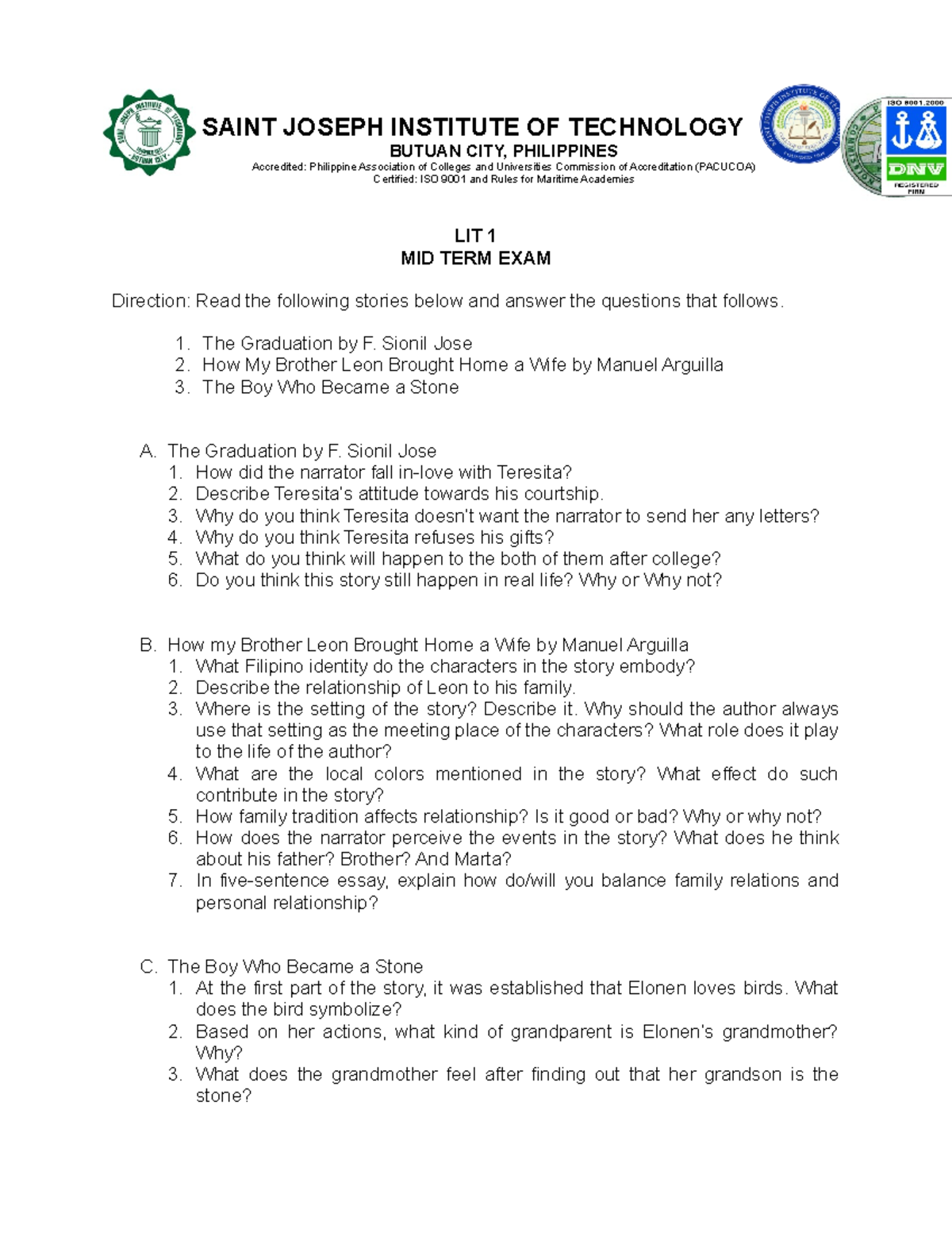 LIT 1 Midterm Exam Review Questions and Analysis - Studocu