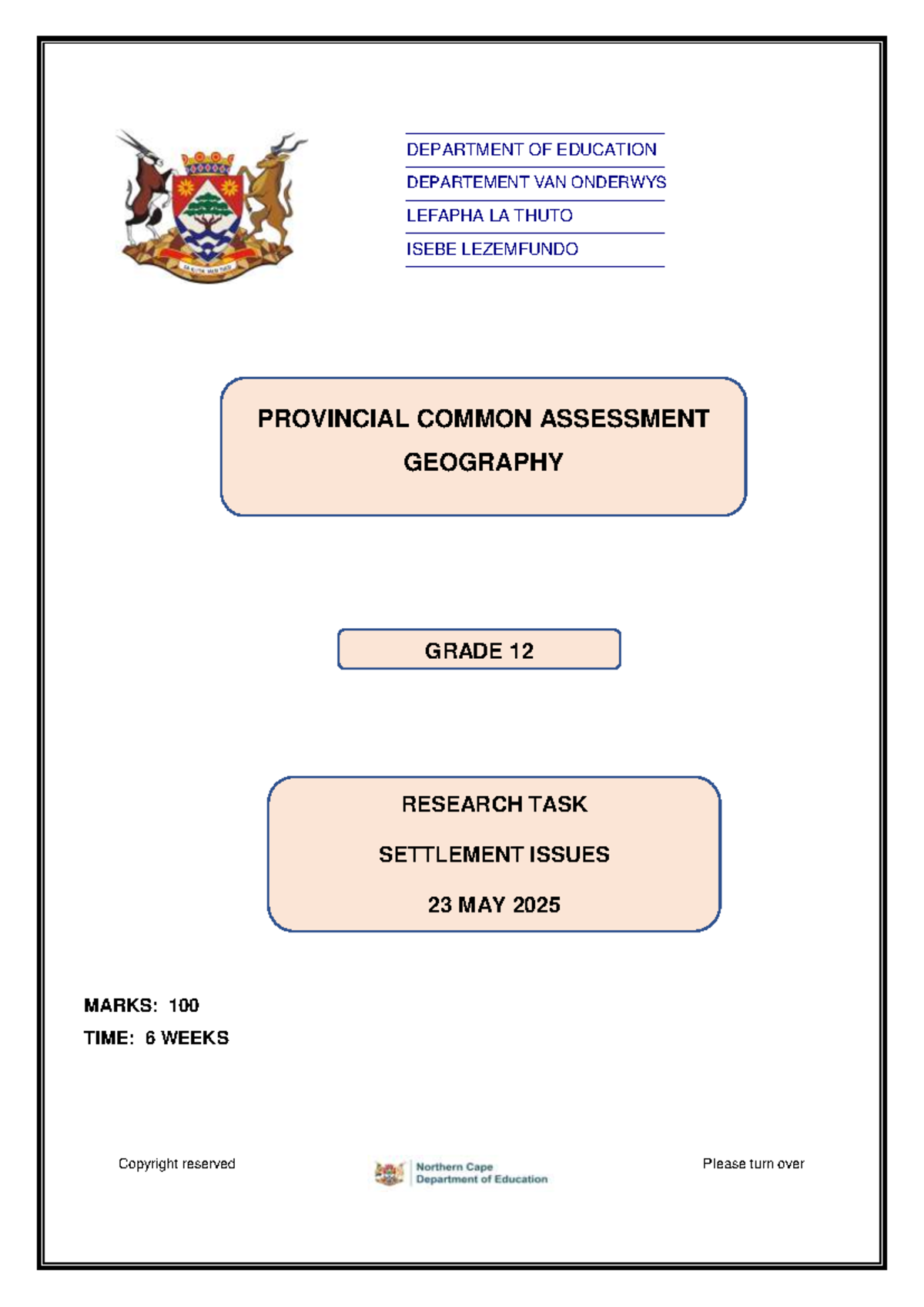 Geography Grade 12 research task on settlement issues - May 2025 - Studocu