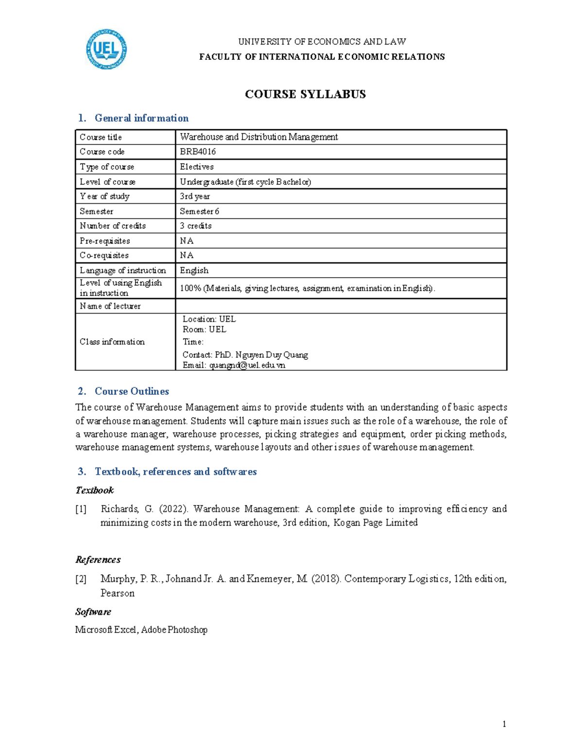 Syllabus for BRB4016: Warehouse and Distribution Management - 2025 ...