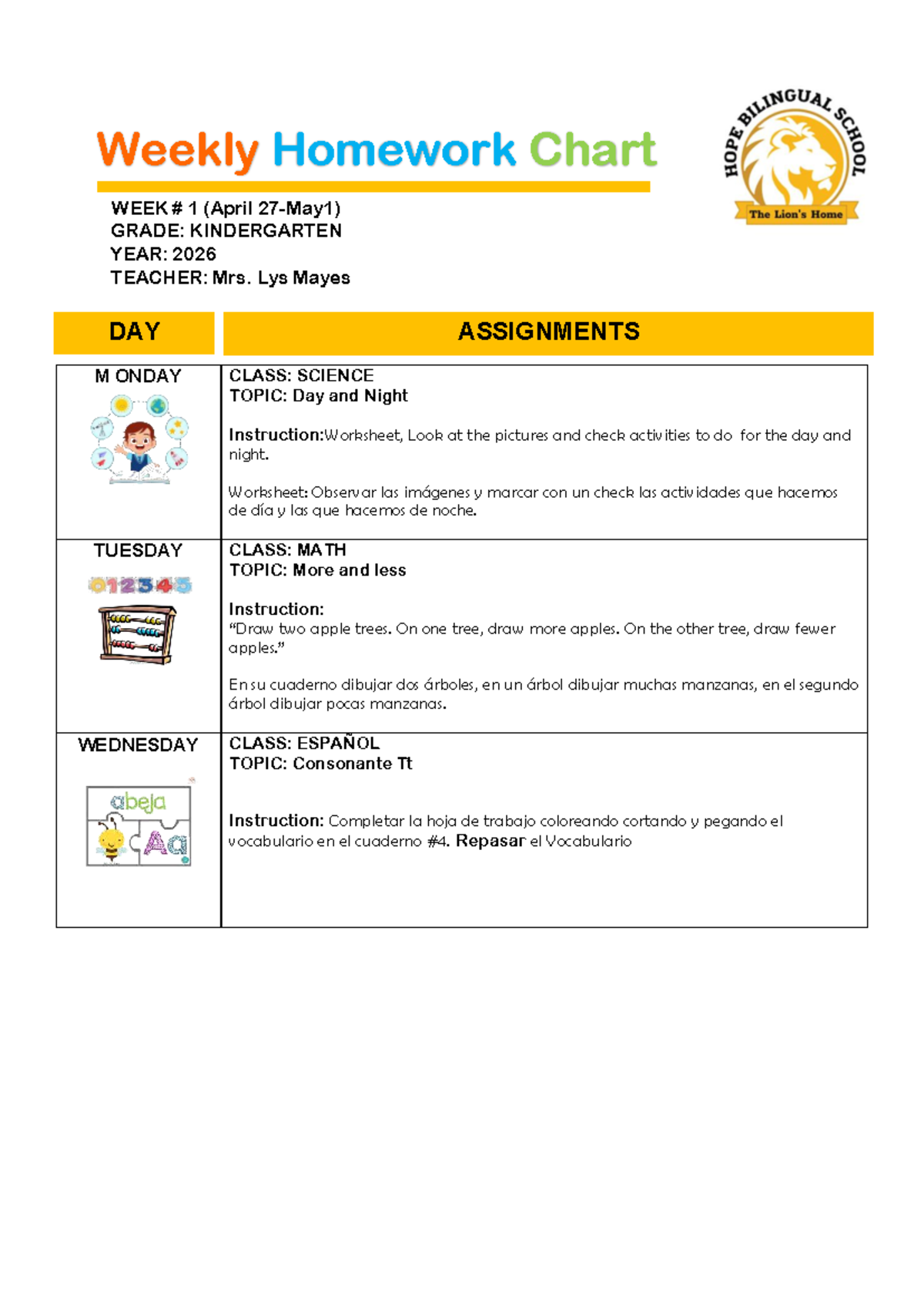 KINDERGARTEN Weekly Homework Chart #1 (April 27-May 1) - Studocu