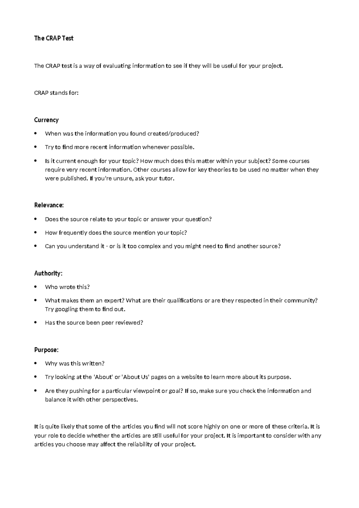 CRAP Test Evaluation Guide for Project Research - Studocu