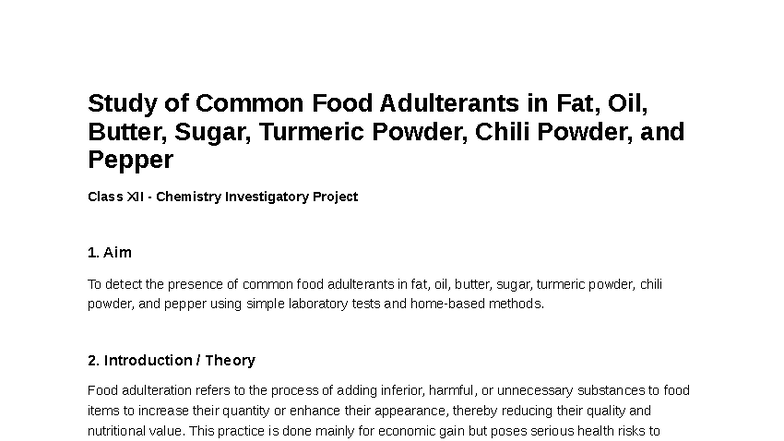 Study of Food Adulterants in Common Items - Class XII Project - Studocu