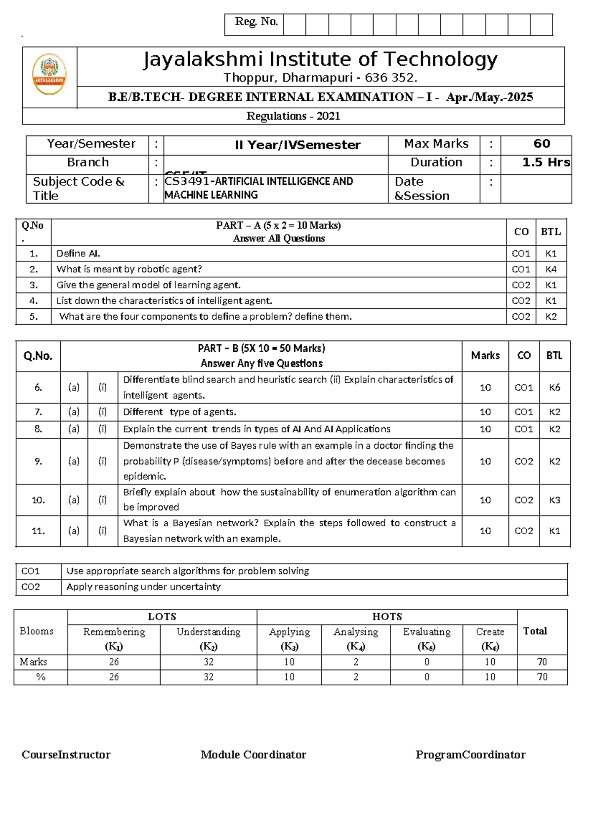 IAT-1 AIML - Internal question paper - Reg. No. IAT Jayalakshmi ...