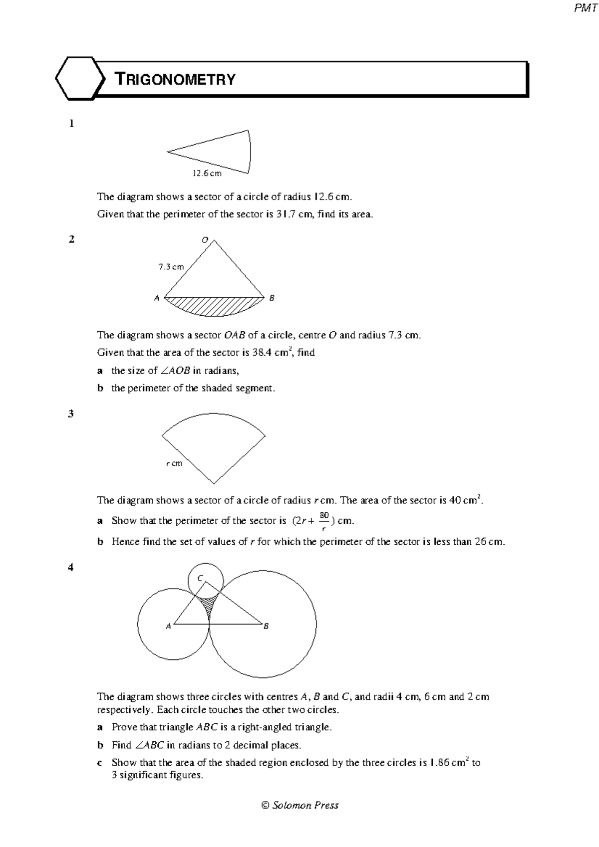 PMT TRIGONOMETRY 1: Radians, Arcs, and Sectors - Further Questions ...