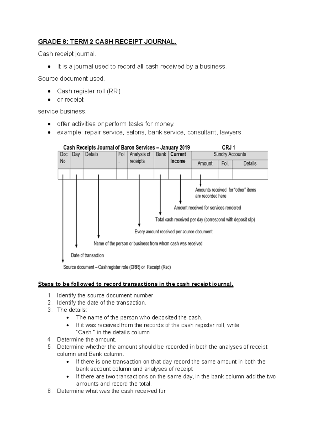 Grade 8 Term 2 Cash Receipt Journal Overview - Studocu