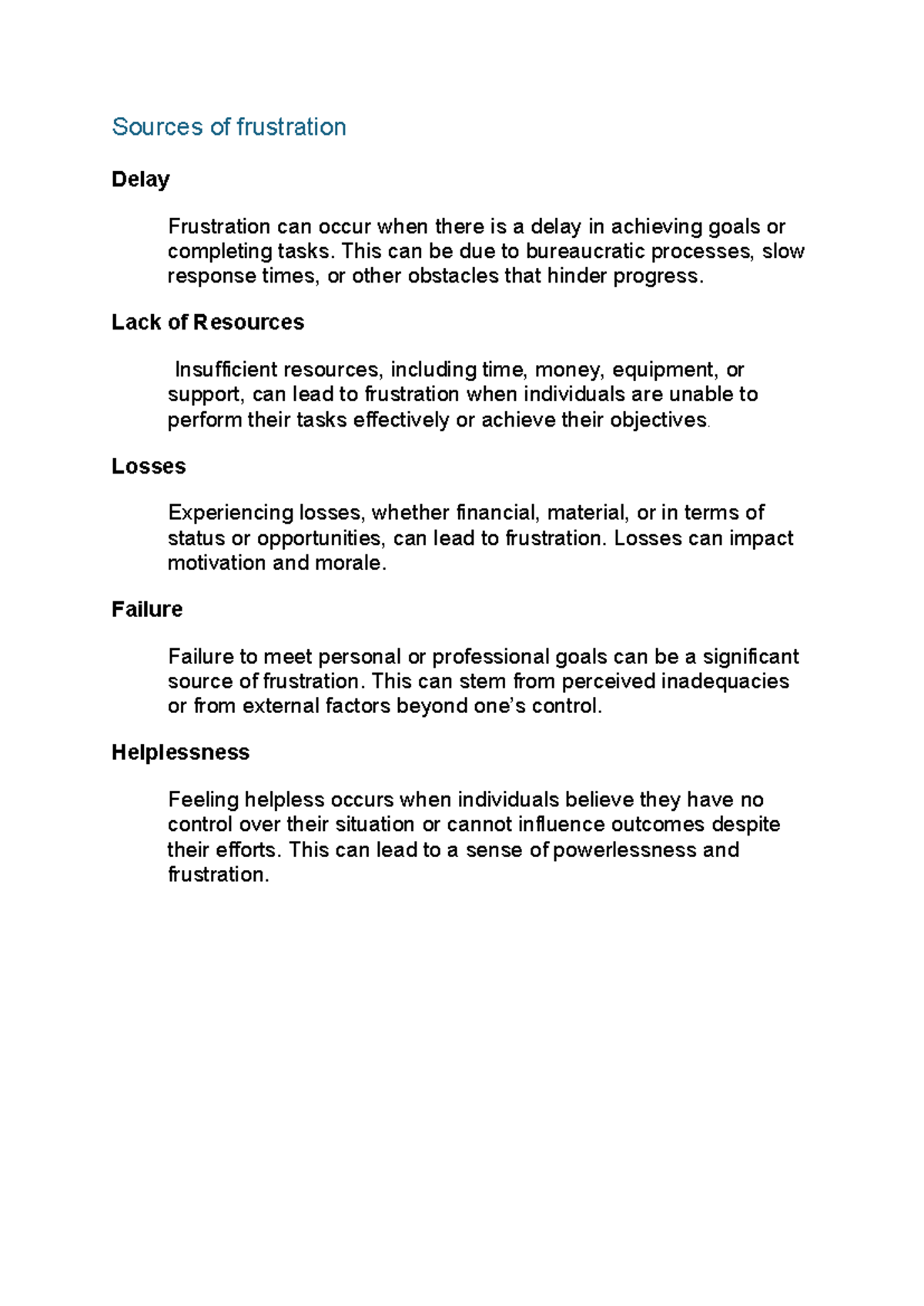 Sources of Frustration: Delays, Resources, Losses, and Failures - Studocu