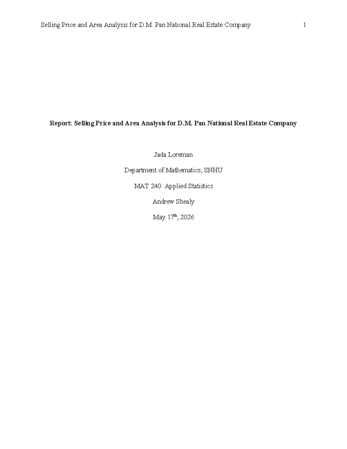 MAT 240: Selling Price & Area Analysis for D.M. Pan Real Estate - Studocu