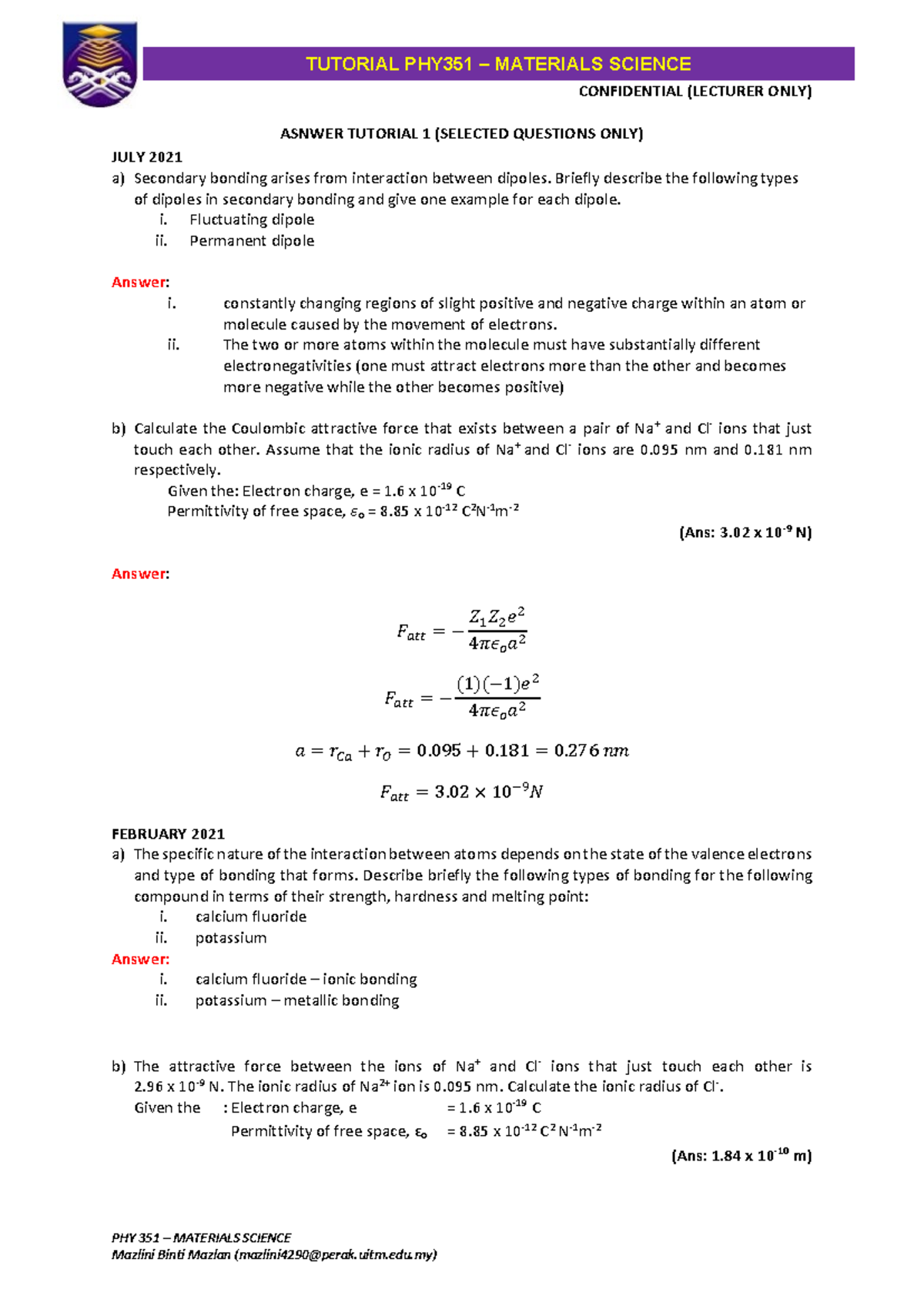 Answer Tutorial 1 - Jh,v, hj,hjv - CONFIDENTIAL (LECTURER ONLY) PHY 351 – MATERIALS SCIENCE ...