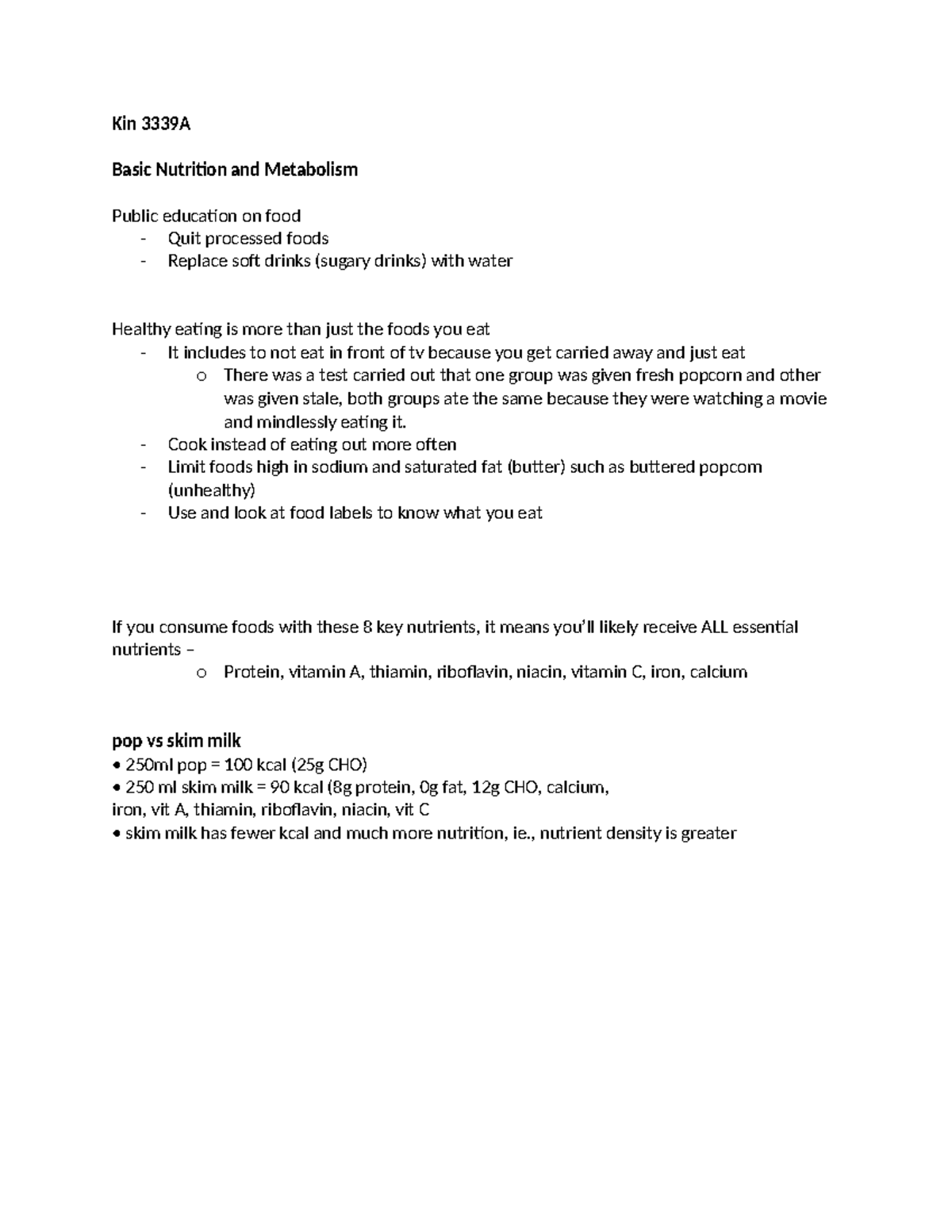 2 - Basic Nutrition and Metabolism notes - Kin 3339A Basic Nutrition ...