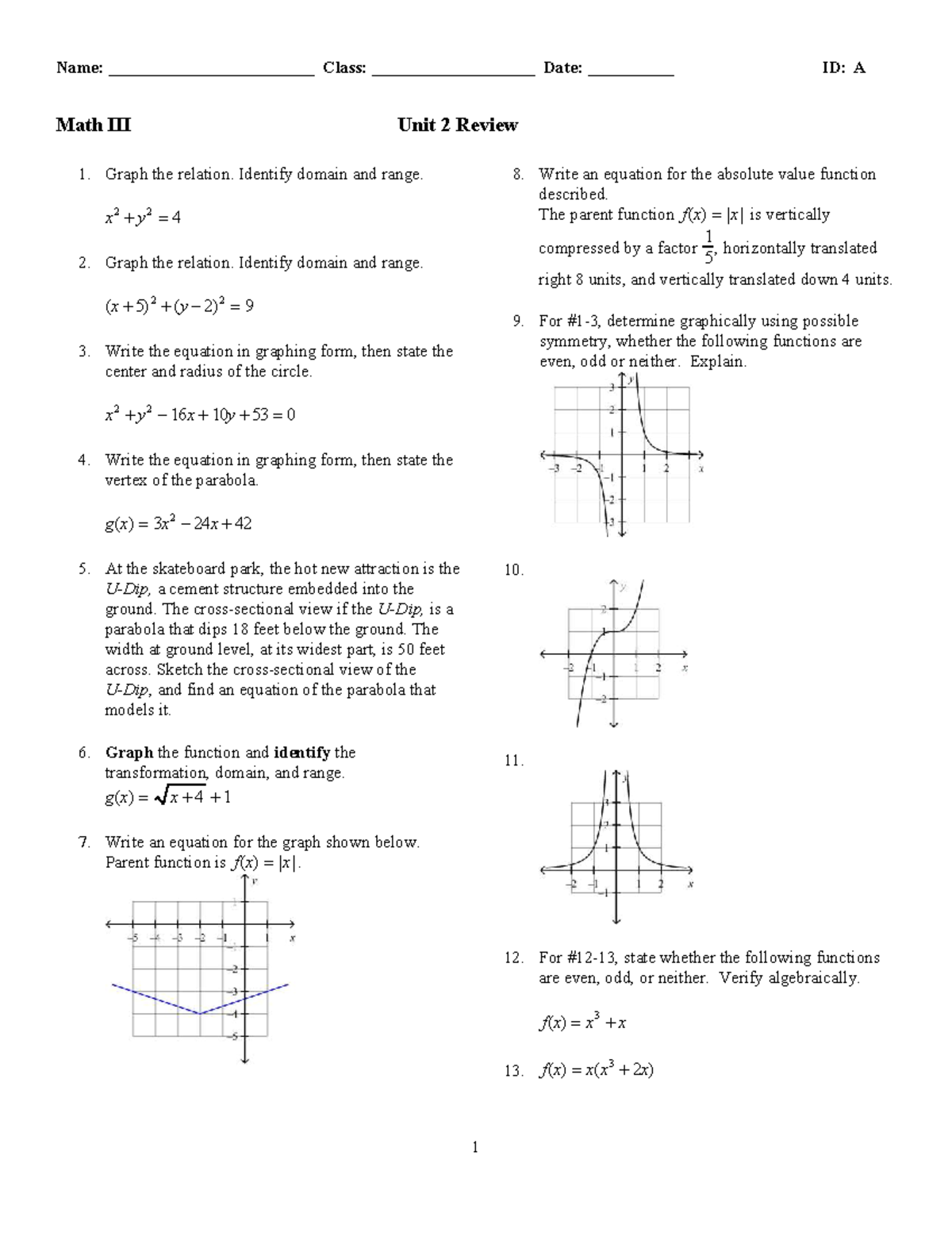 2025 Math Unit 2 Review: Graphing & Function Analysis - Studocu