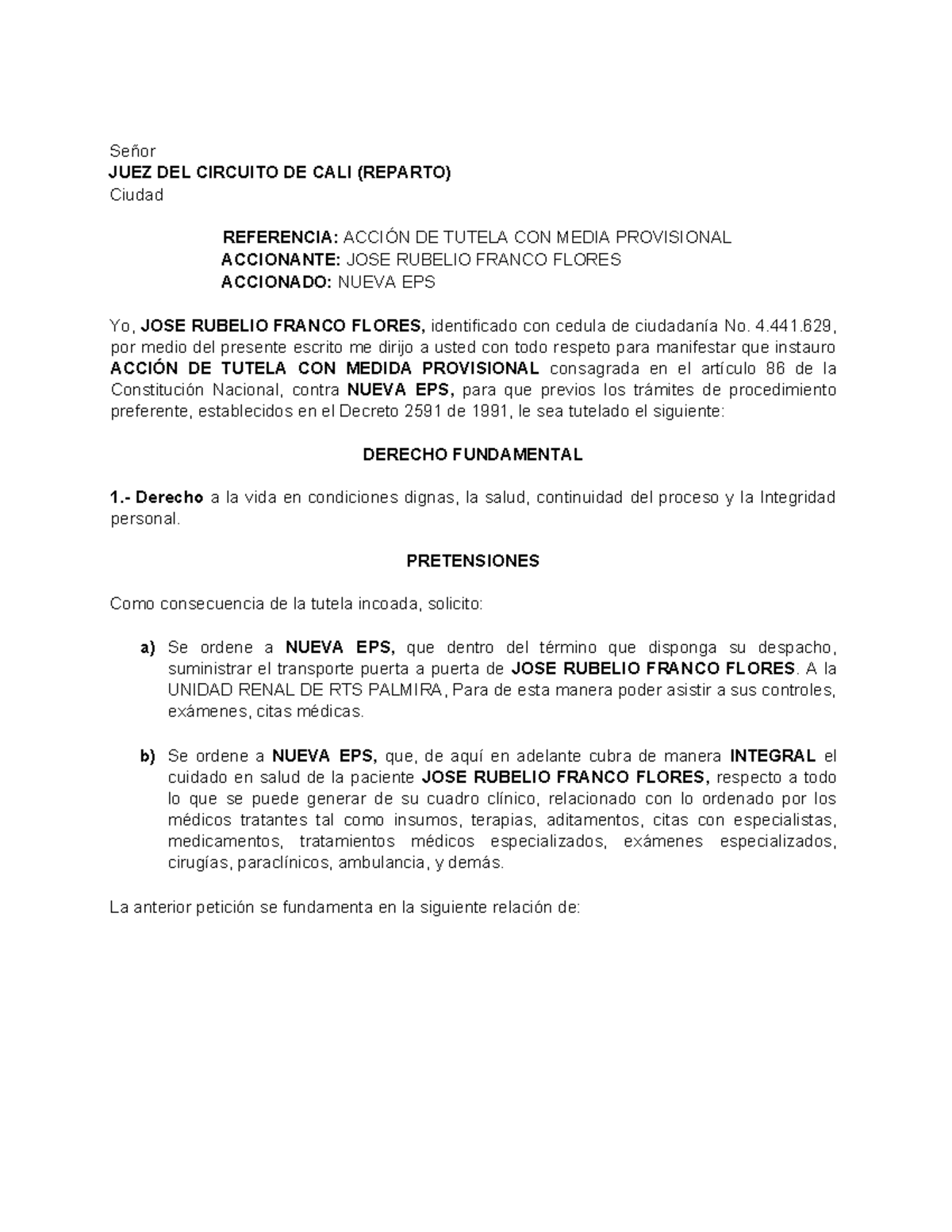 Tutela con Medida Provisional: Caso José Rubelio Franco Flores - Studocu