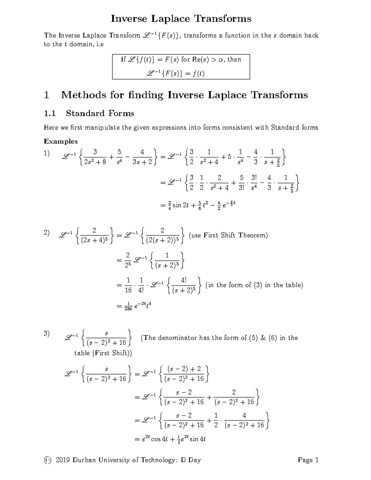 Inverse Laplace Transforms: Methods and Examples for MATH 201 - Studocu