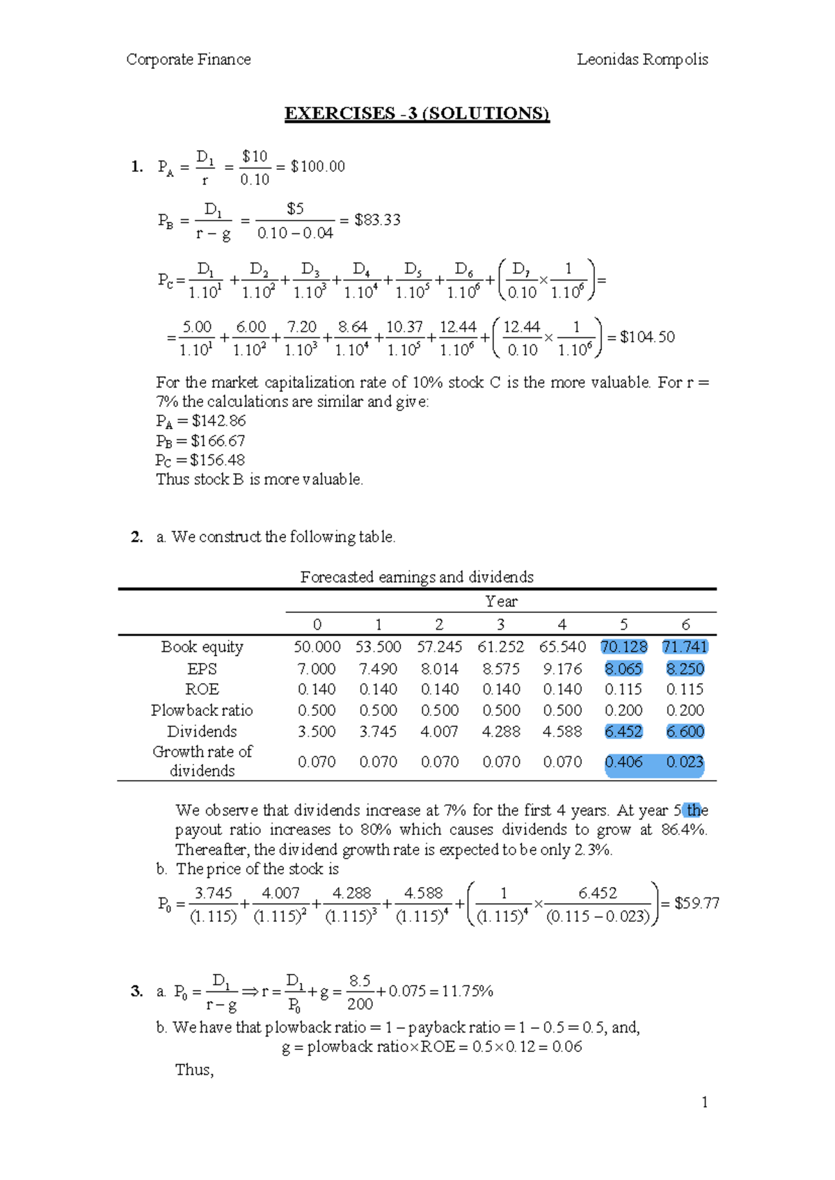 Corporate Finance CF EXERCISES (SOLUTIONS) 1-6 - Studocu