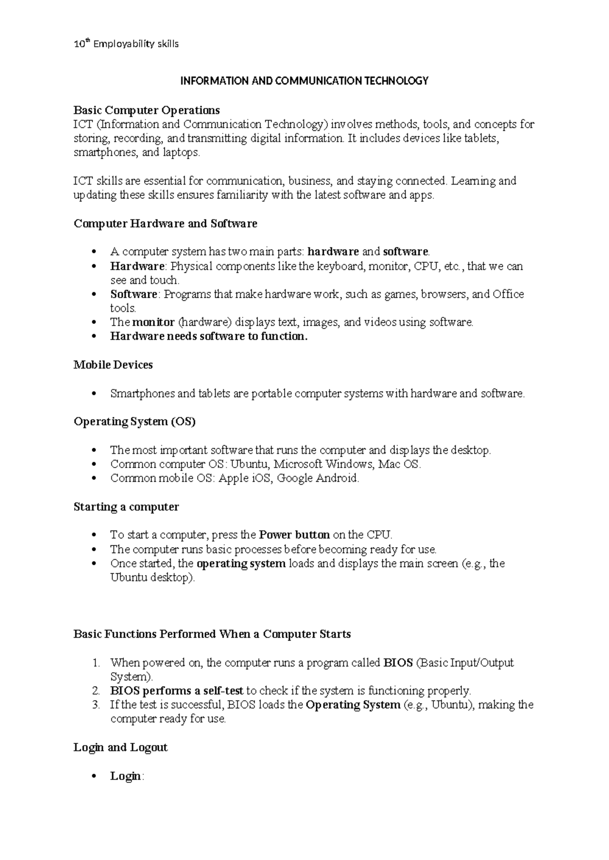ICT 10th - Basic Computer Operations and Employability Skills Guide ...