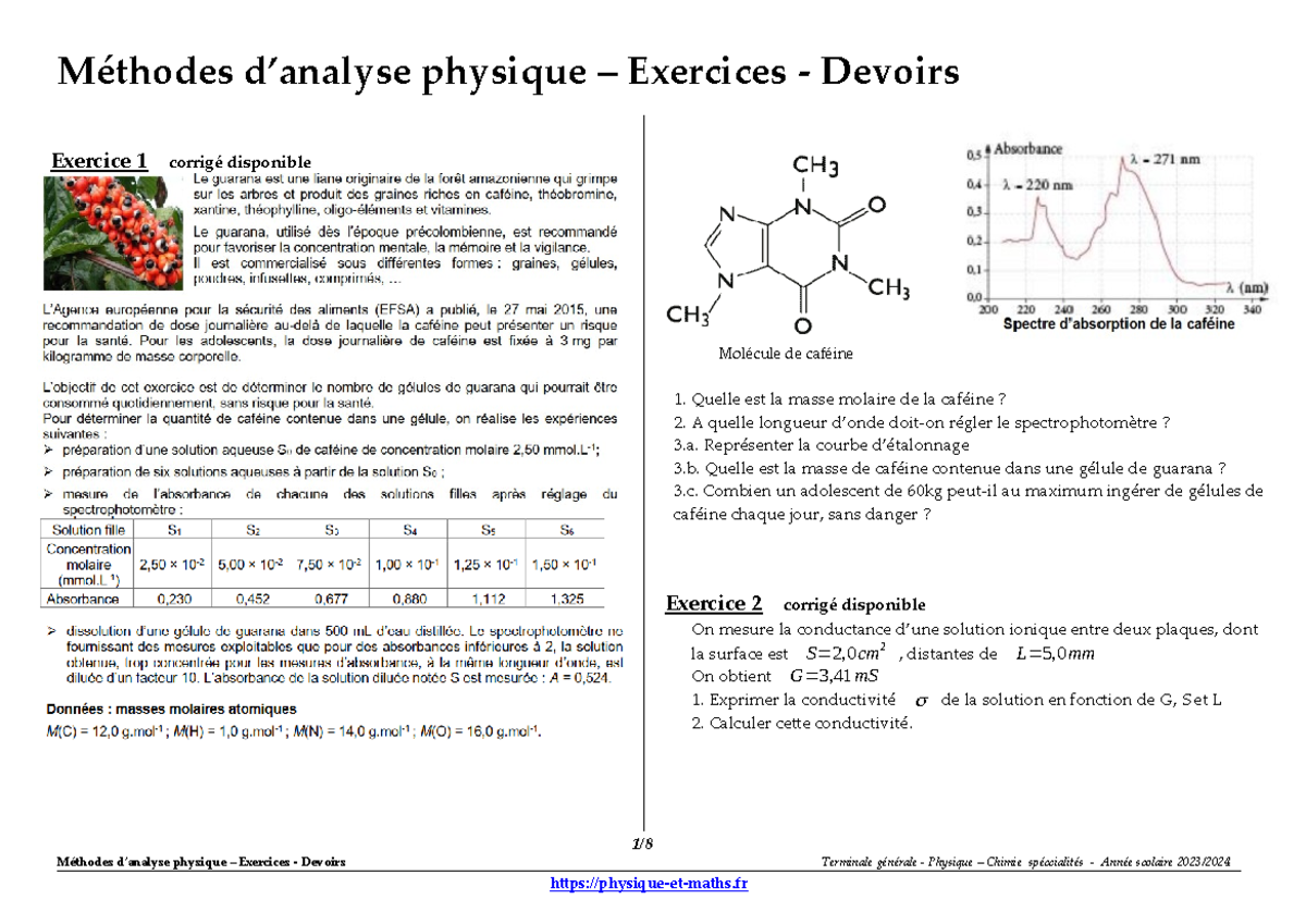 Exercices de Méthodes d'Analyse Physique - Devoirs Terminale Générale ...