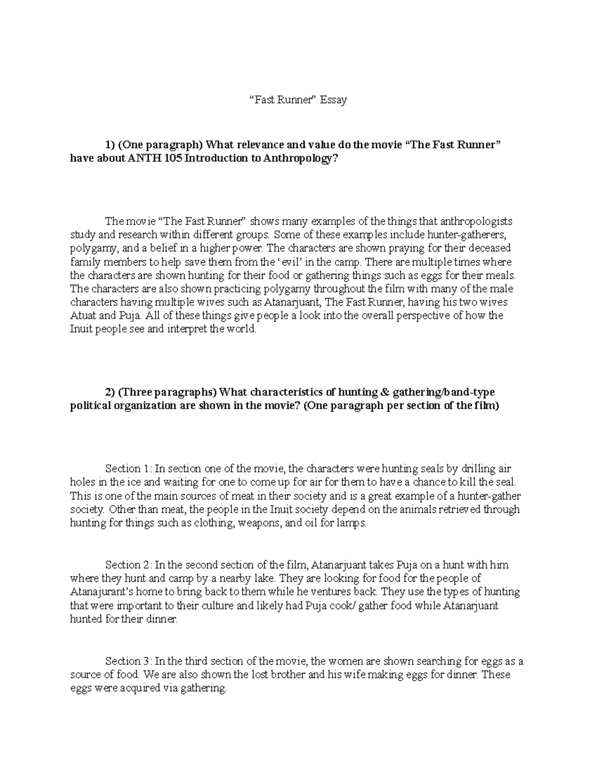 Fast Runner Essay Insights for ANTH 105: Hunter-Gatherer Context - Studocu