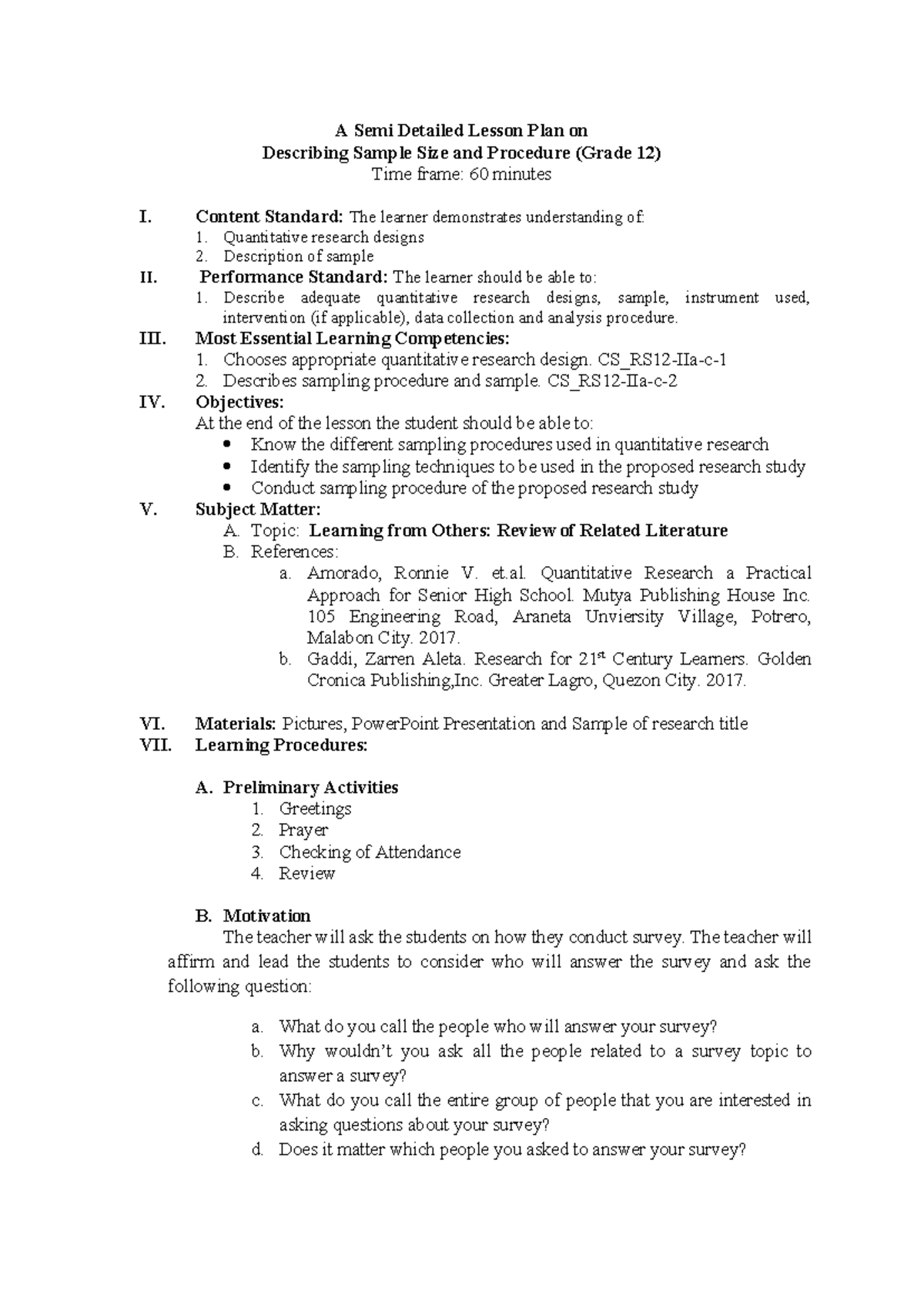 516037782 Semi-Detailed Lesson Plan on Sampling Techniques - Studocu