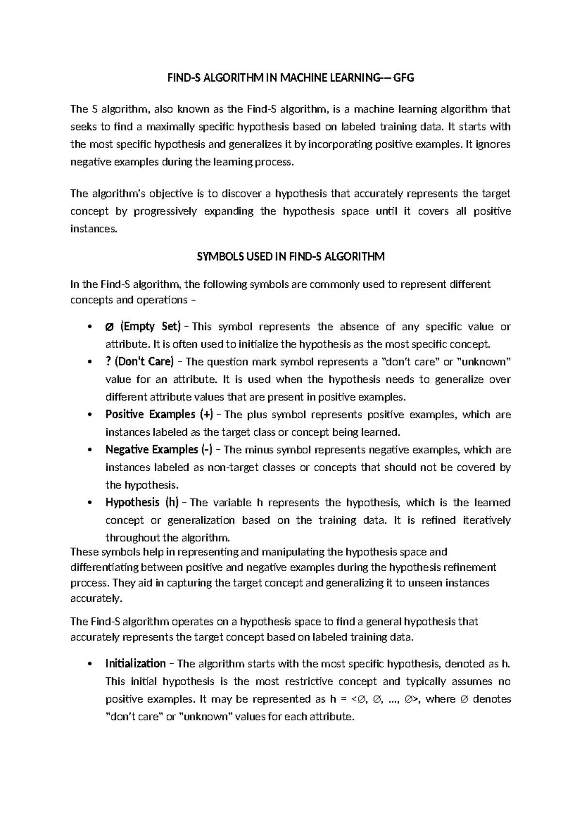 FIND-S, Version Space, Candidate Elimination Algorithm Overview - Studocu