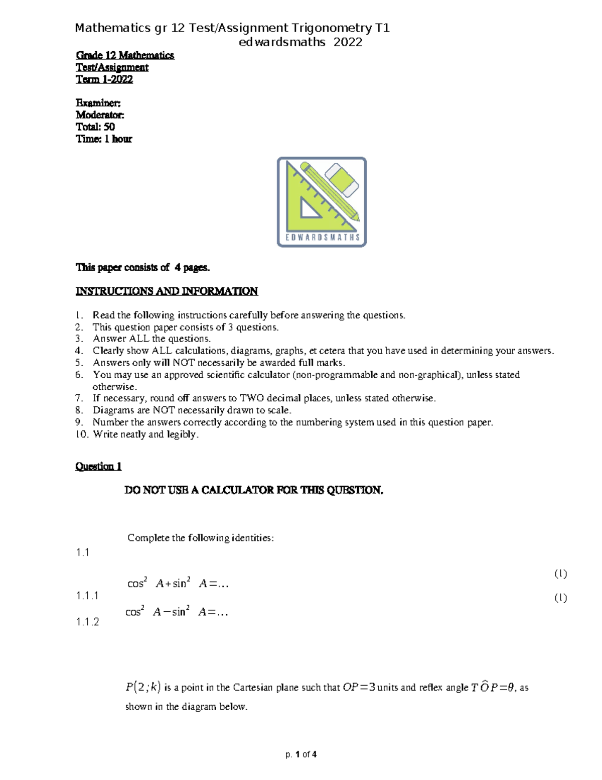 Gr 12 Edwards Maths Trigonometry Test T1 2022 Eng - Studocu
