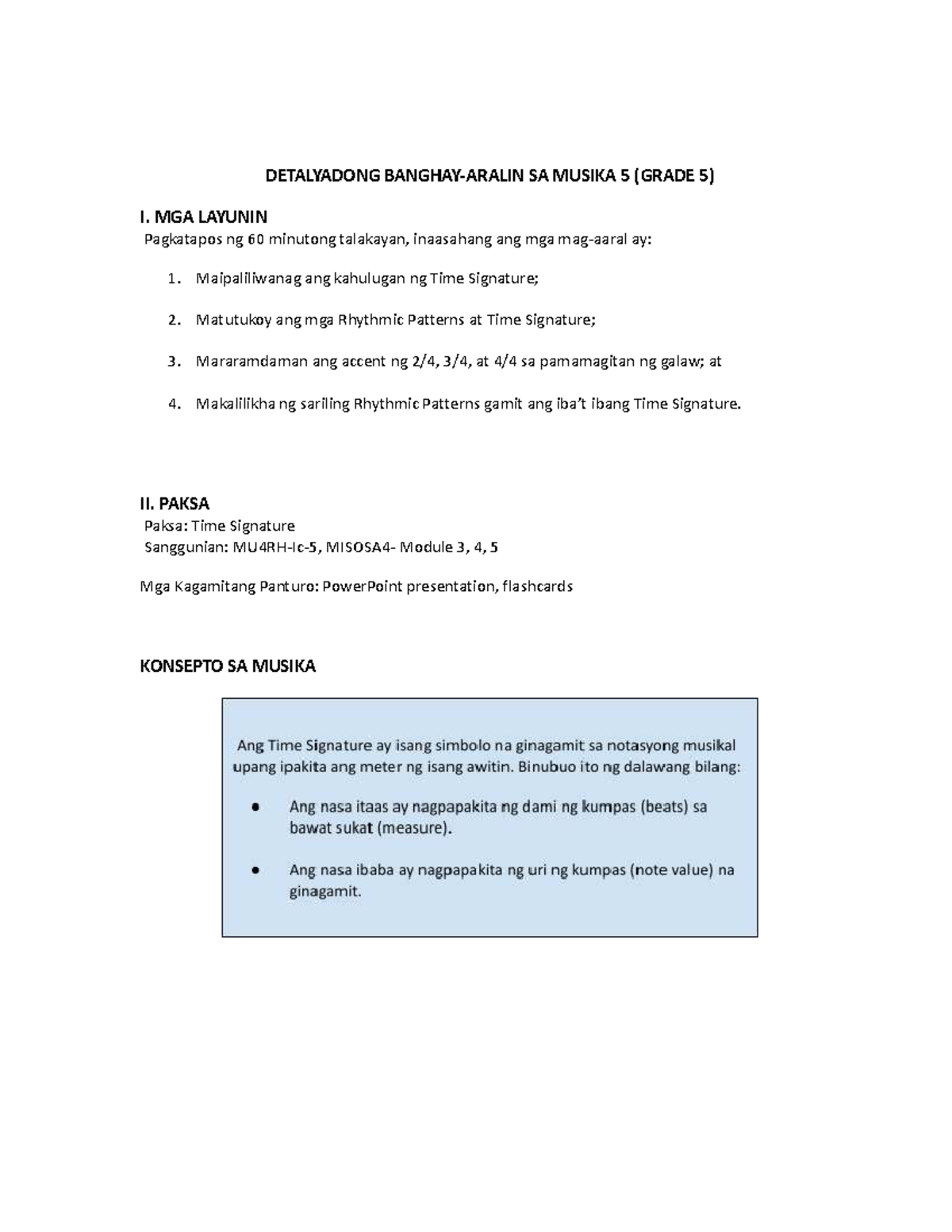 Revised Lesson Plan on Time Signatures for MUSIKA 5 (GRADE 5) - Studocu