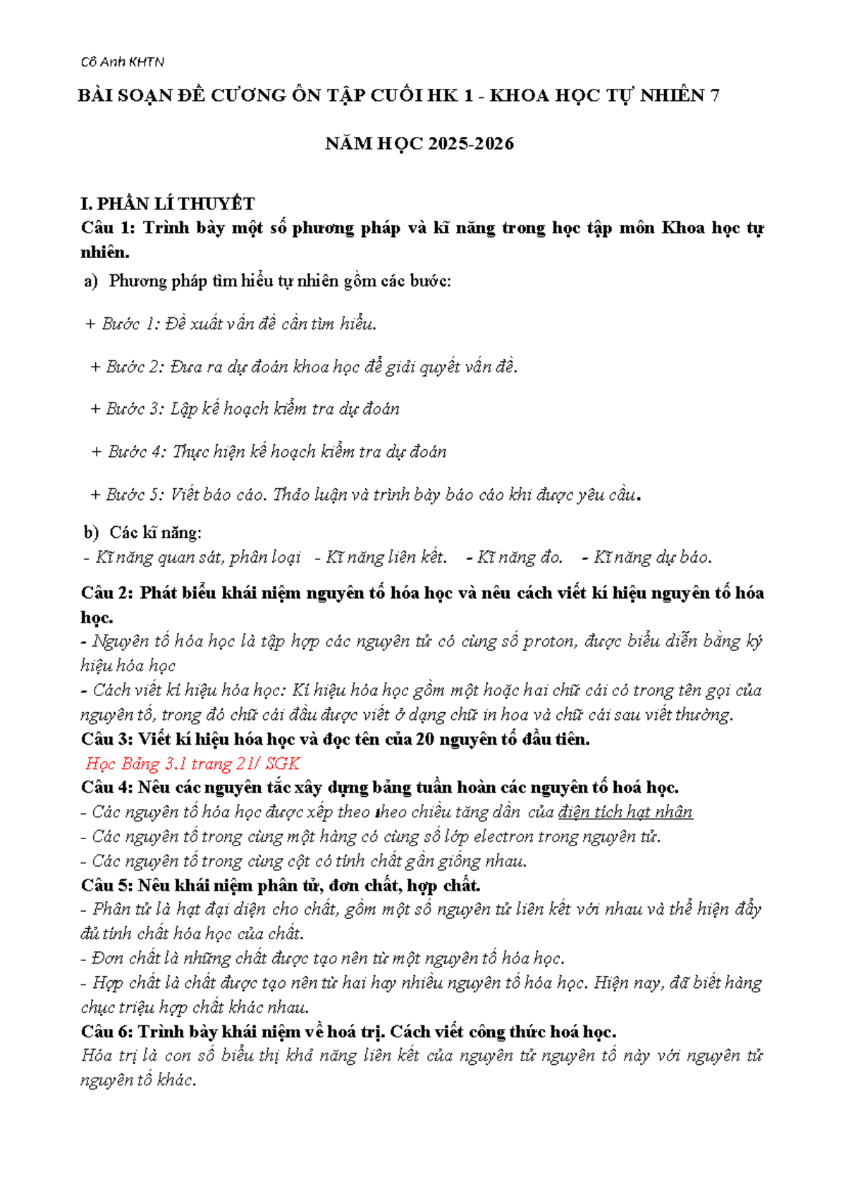 BÀI SOẠN ĐỀ CƯƠNG ÔN TẬP CUỐI HK1 KHTN 7 NĂM HỌC 2023 - Studocu