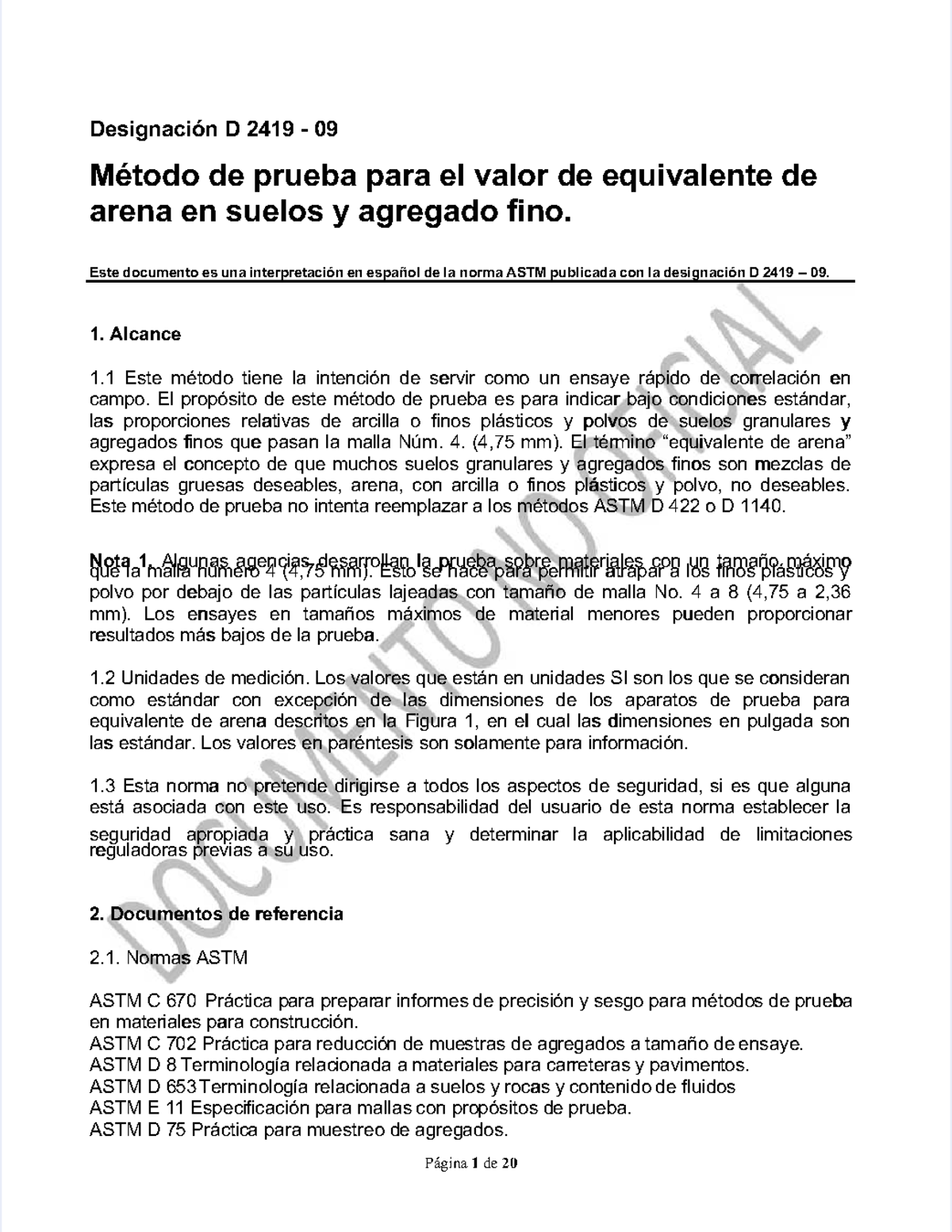 Método de Prueba ASTM D 2419: Valor de Equivalente de Arena en Suelos - Studocu