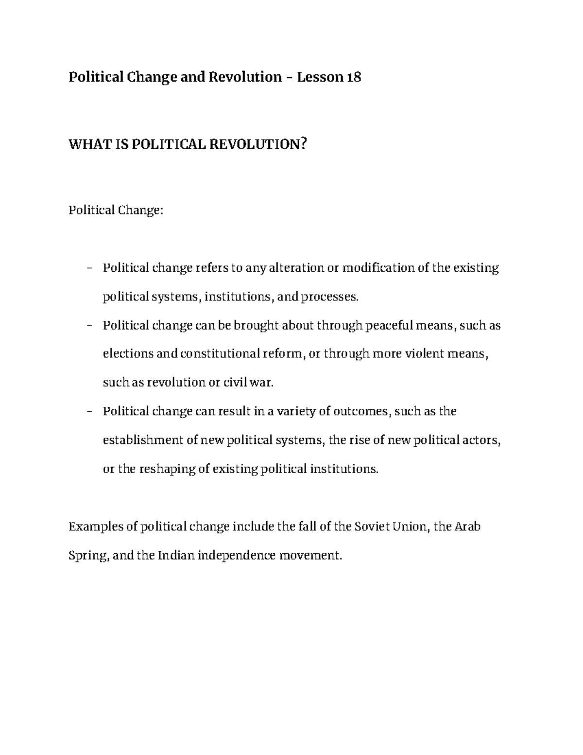 PS 18 - Lesson 18: Understanding Political Change and Revolution - Studocu