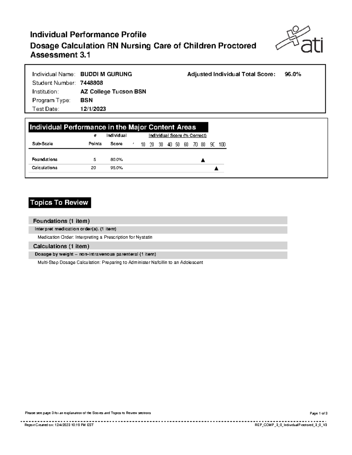 Ped Med Math - Individual Performance Profile Report (Assessment 3 ...