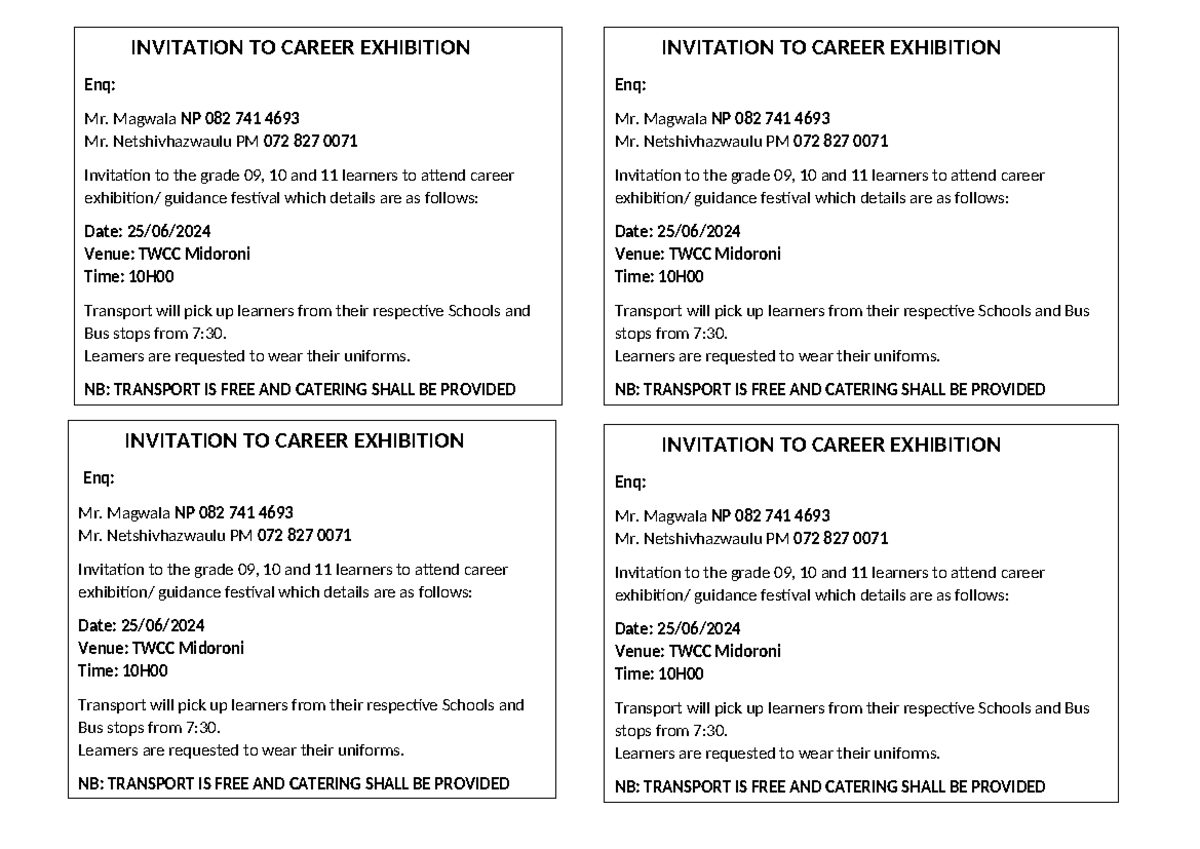 Career Exhibition Invitation for Grades 9-11 on 25/06 at TWCC - Studocu
