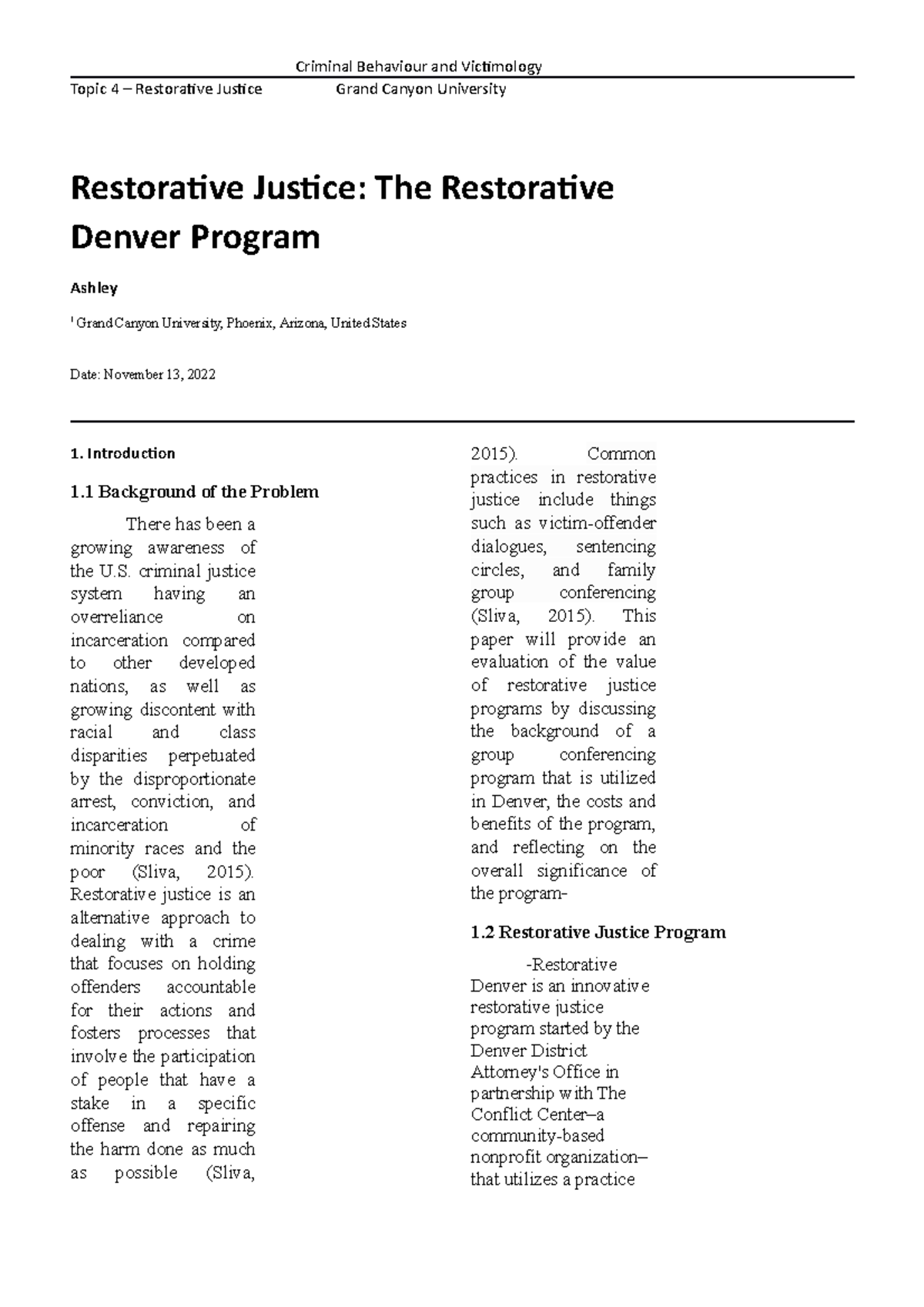 Restorative Justice Insights: Analyzing Denver's Program (GCU) - Studocu