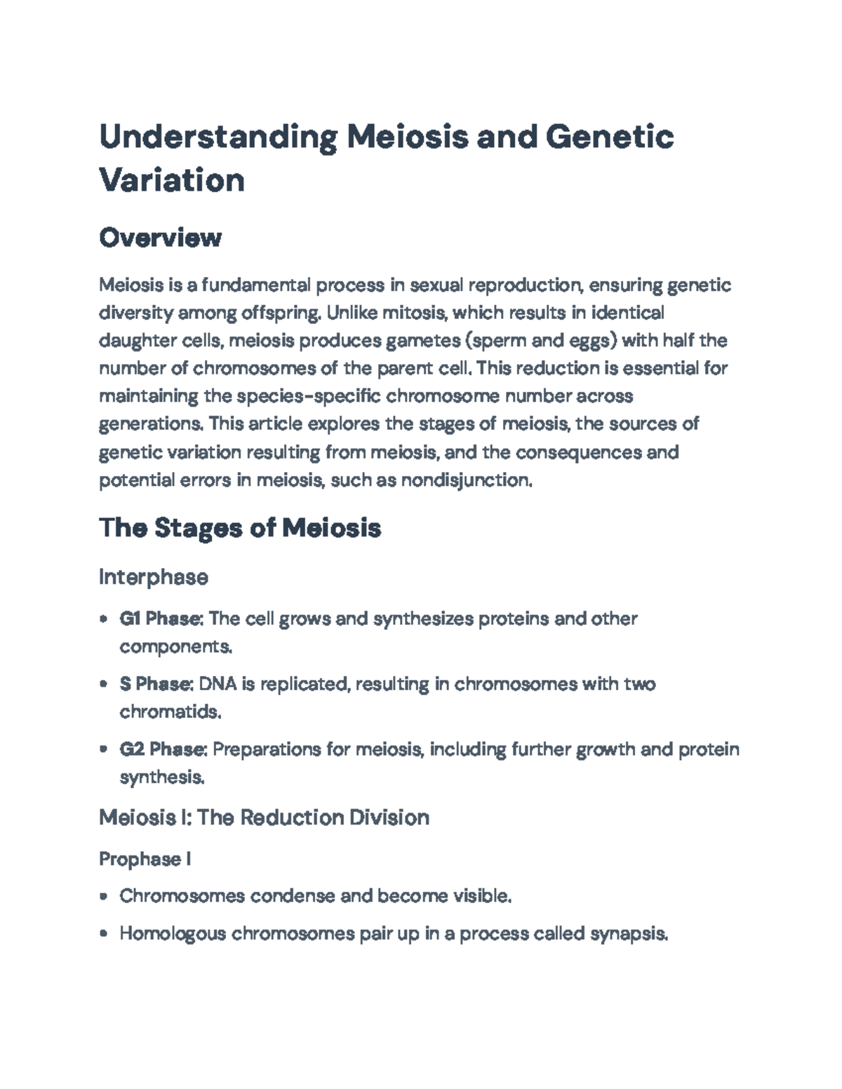 Meiosis and Genetic Variation: Overview and Nondisjunction Insights ...