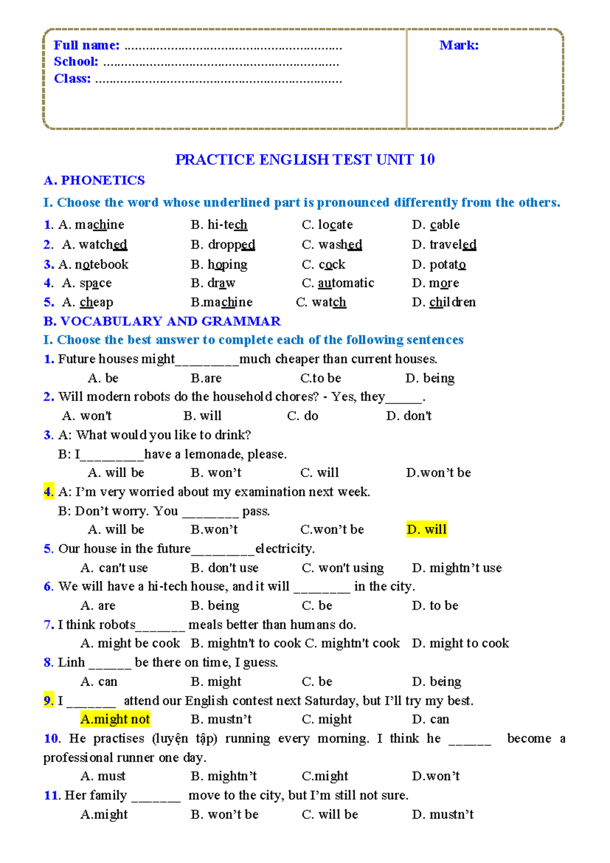 Anh 6 Global Practice TEST - Unit 10: Phonetics, Vocabulary & Grammar ...