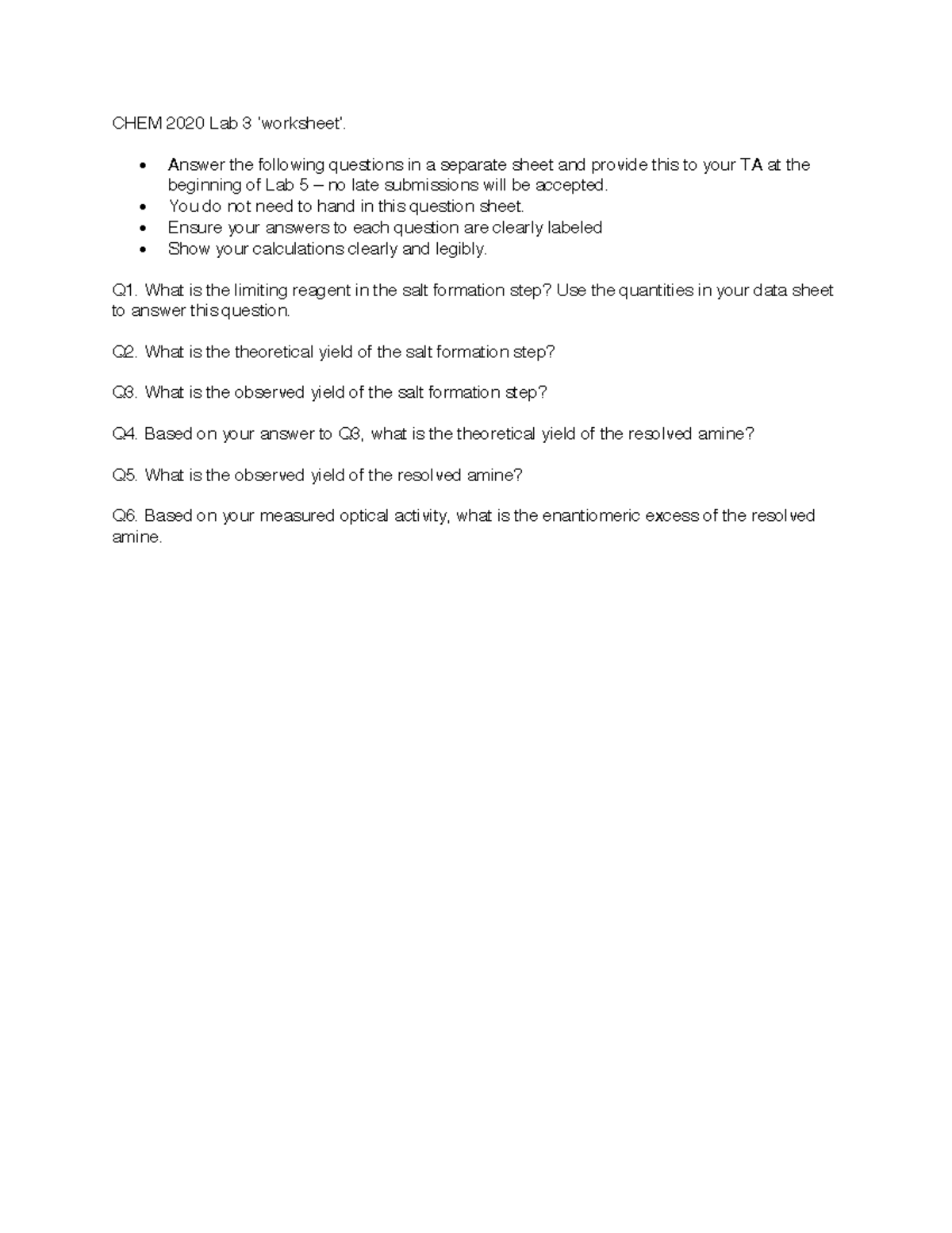 CHEM 2020 Lab 3 worksheet - CHEM 2020 Lab 3 ‘worksheet’. - Answer the ...