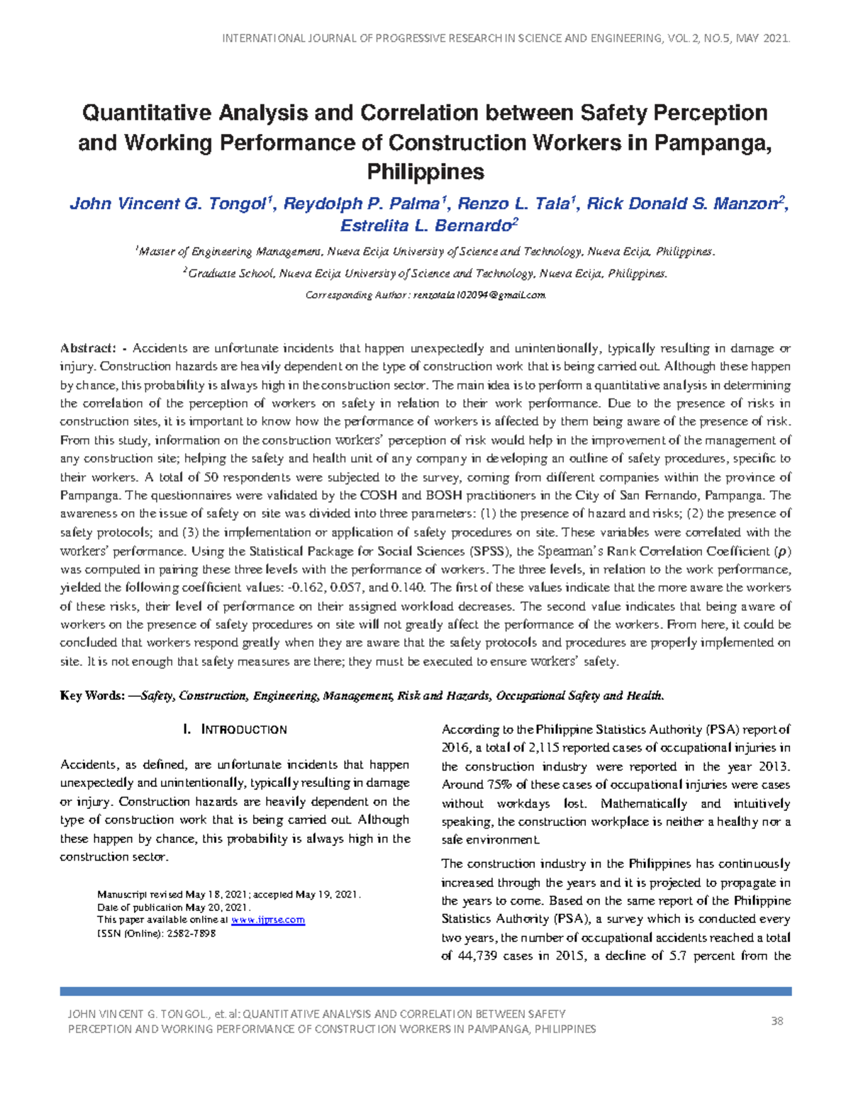 Quantitative Analysis of Safety Perception & Worker Performance in ...