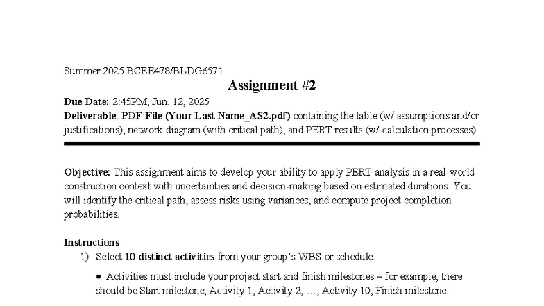 Summer 2025 Assignment 2: PERT Analysis for Construction Project - Studocu