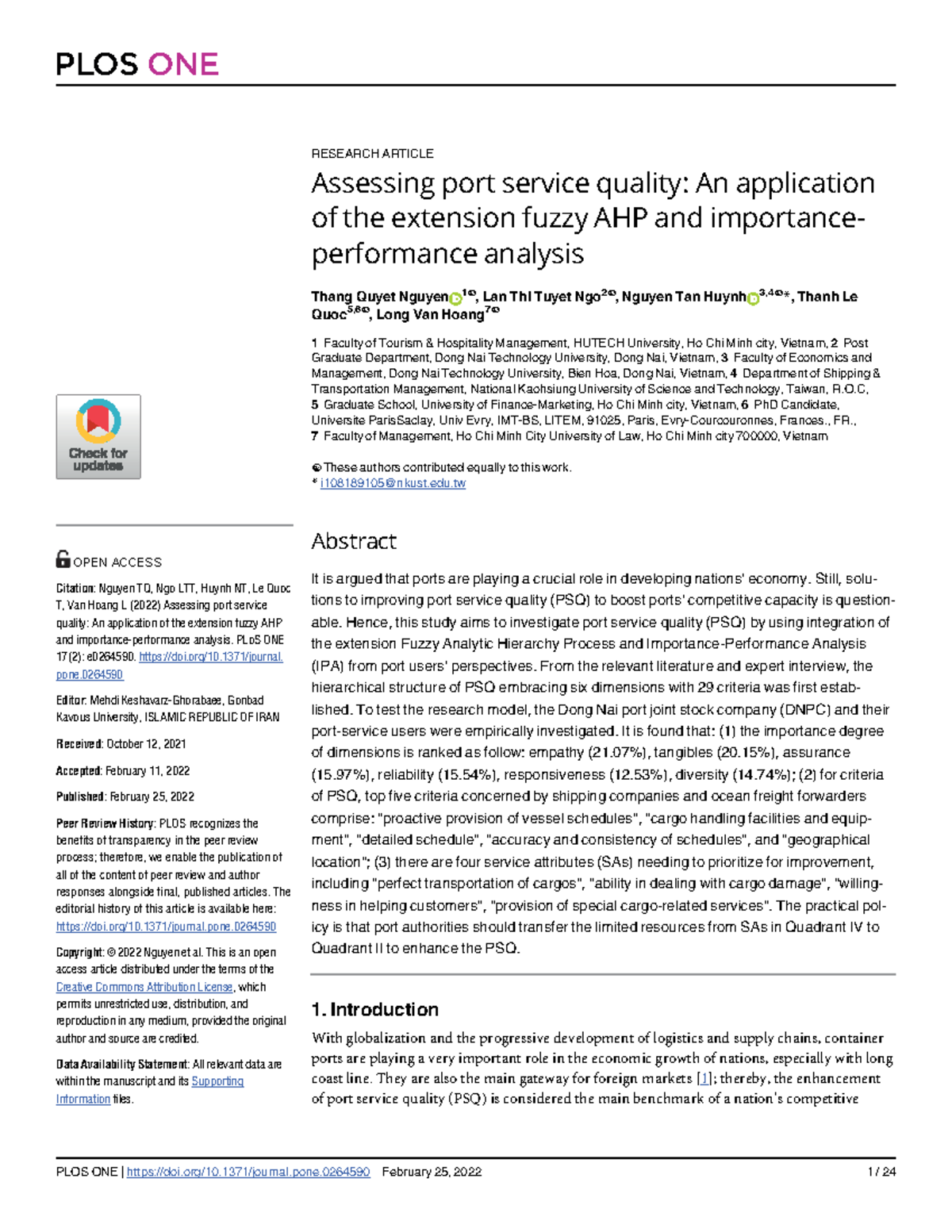 PLOS ONE Research Article: Evaluating Port Service Quality Using Fuzzy ...