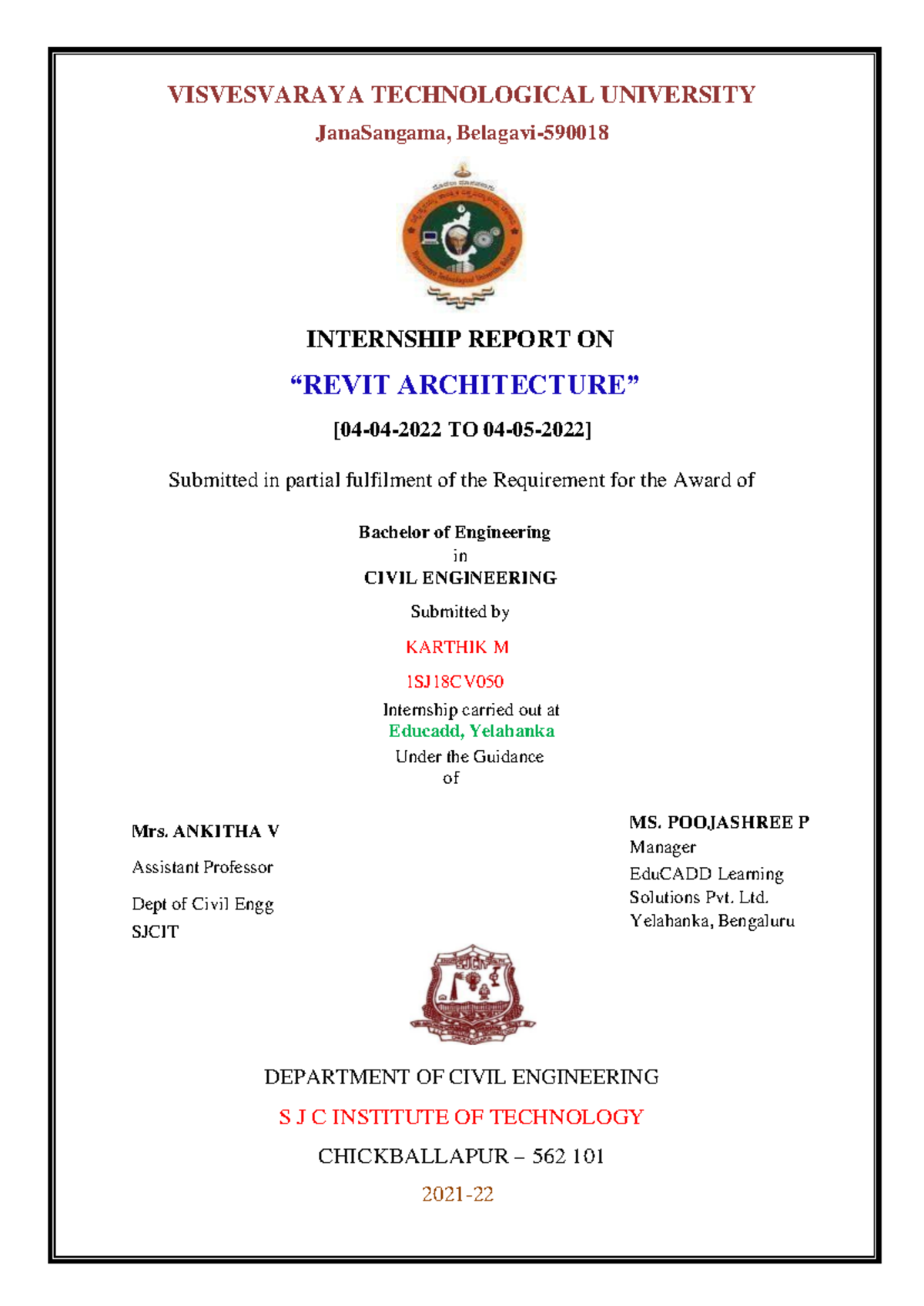 Internship Report on Autodesk Revit Architecture - CIVIL ENG 1SJ18CV050 ...