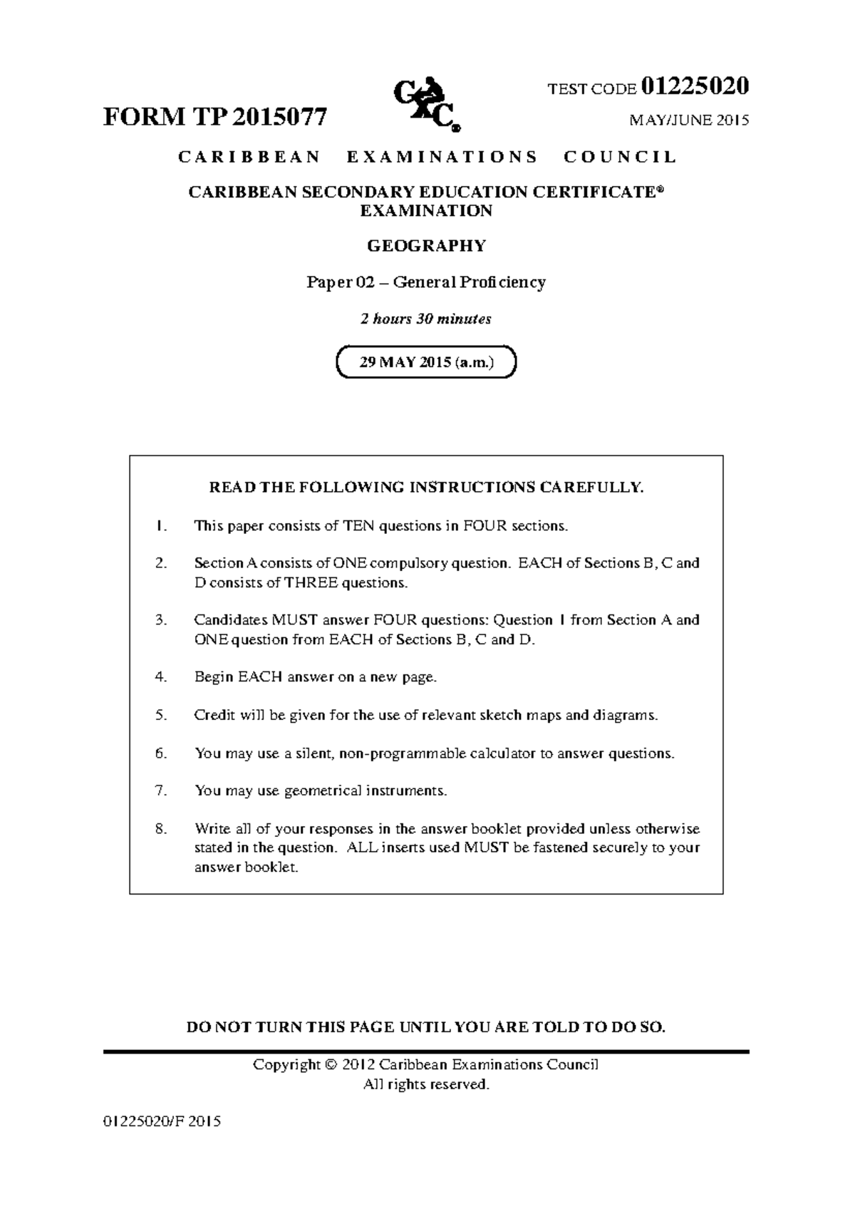 CSEC Geography Exam Paper 02 May/June 2015 - General Proficiency - Studocu