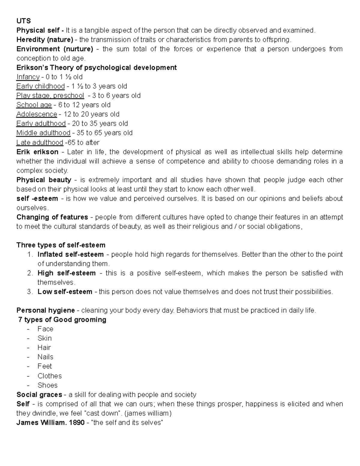 Uts reviewer - ........................... - UTS Physical self - It is ...