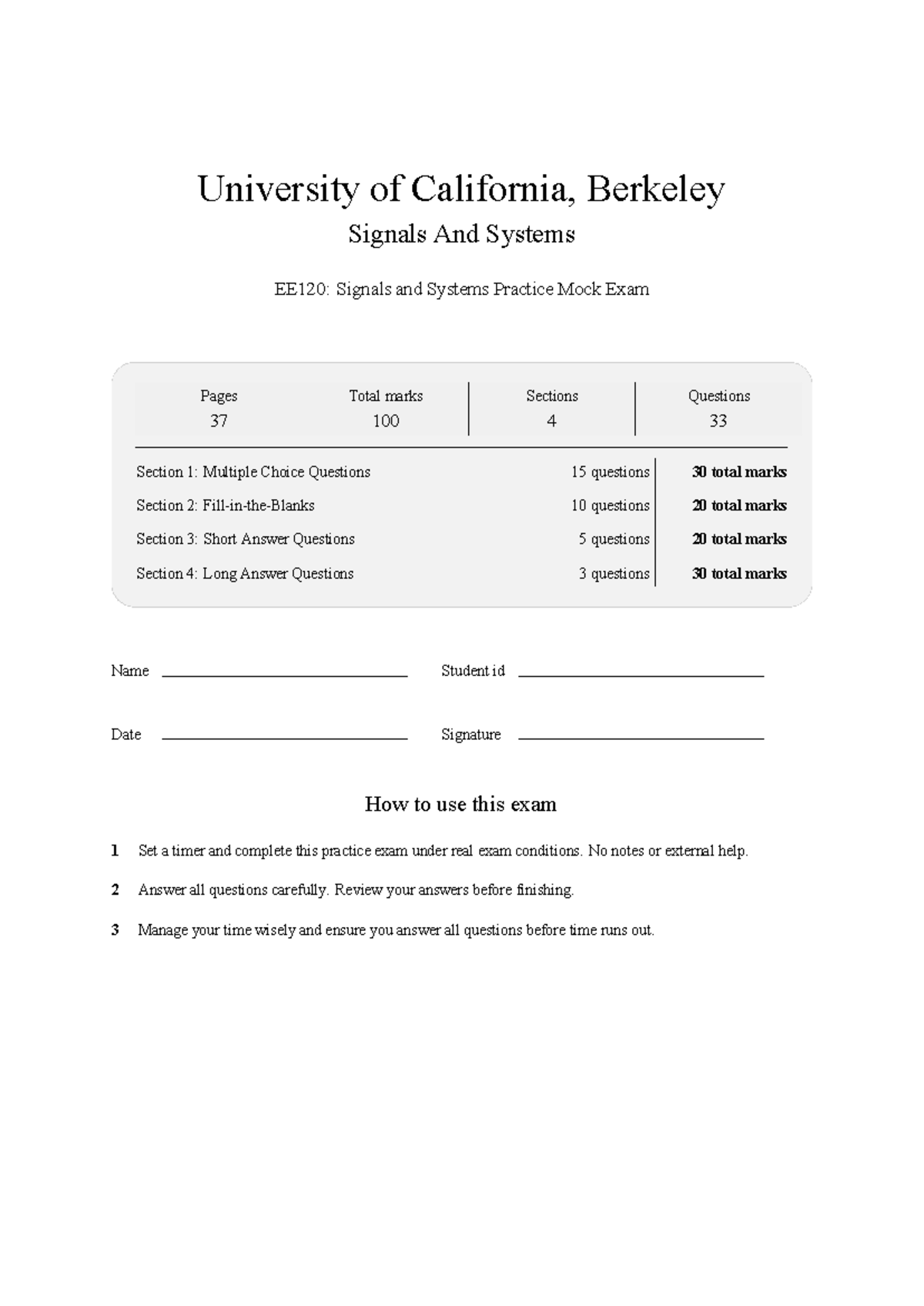EL ENG 120: Signals and Systems UCB Practice Mock Exam 2026 - Studocu