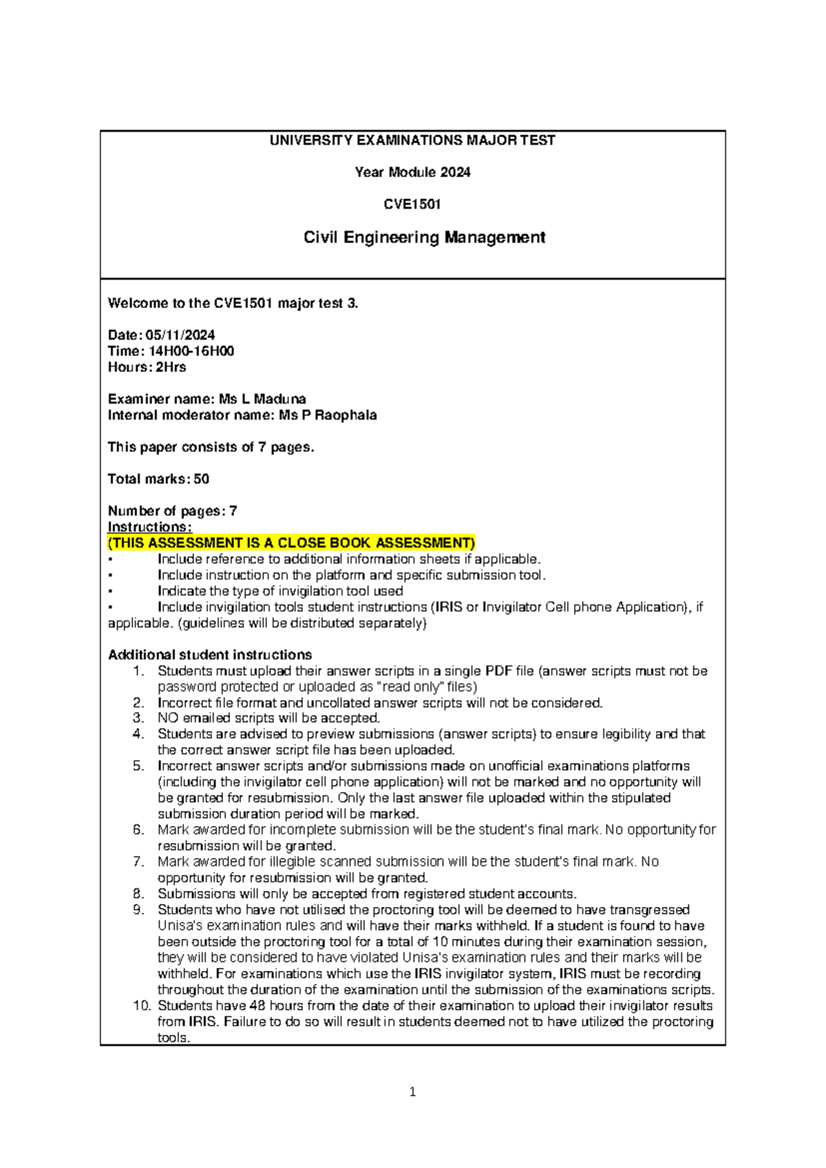 2024 Major Test 3 CVE1501 Civil Engineering Management Question Paper ...
