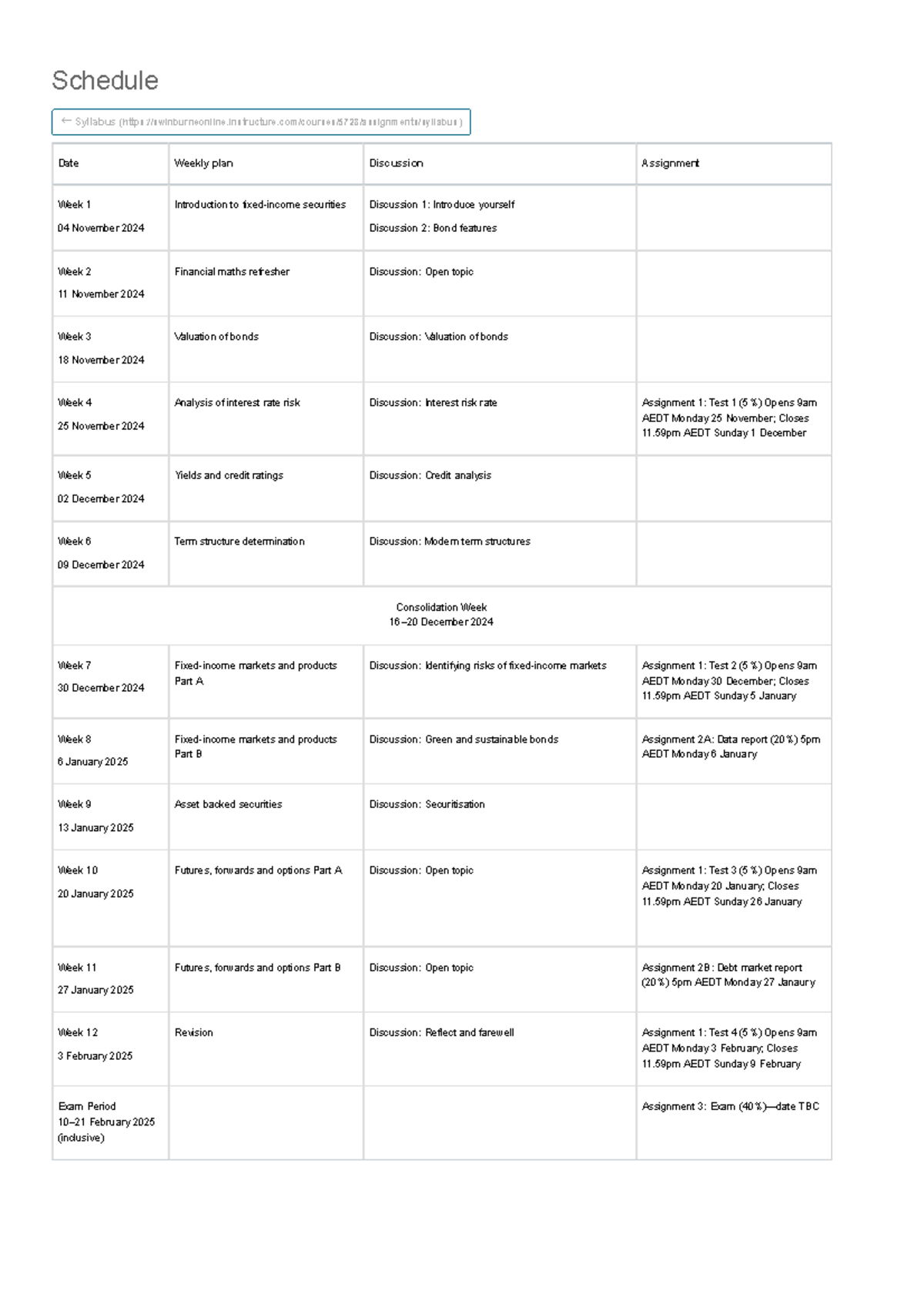Schedule for Fixed Income and Debt Markets (FIN 101) - Weekly Plan ...