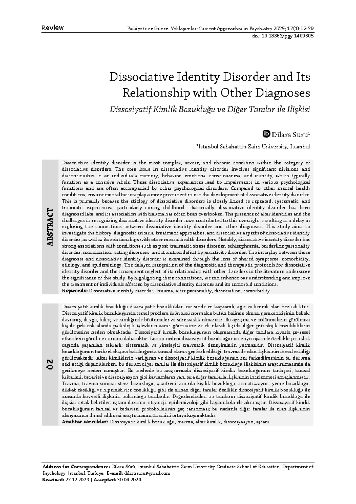 Dissociative Identity Disorder: Diagnosis, Comorbidity, and Treatment ...