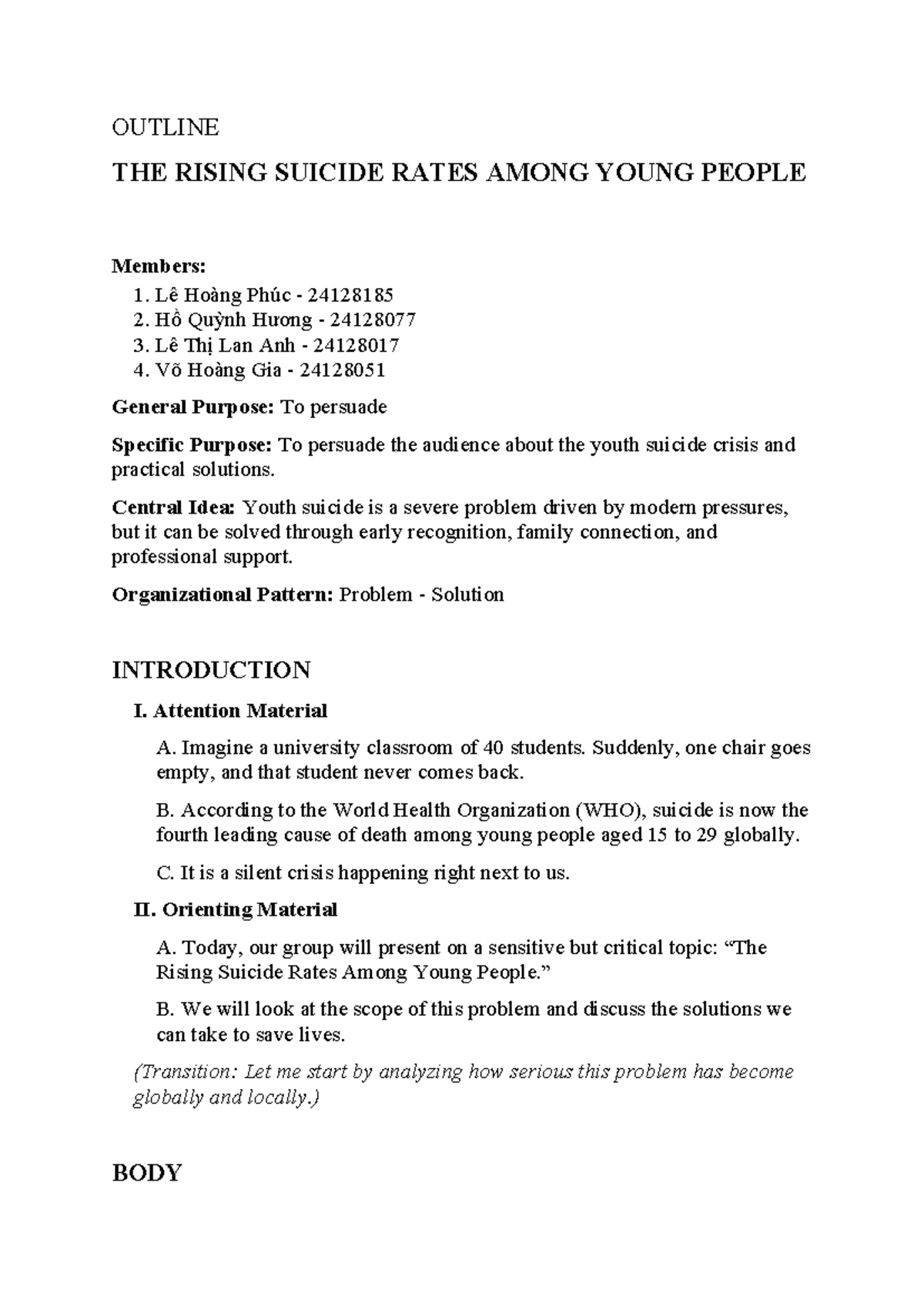 Outline for Final Speech on Youth Suicide Crisis (PSY 101) - Studocu