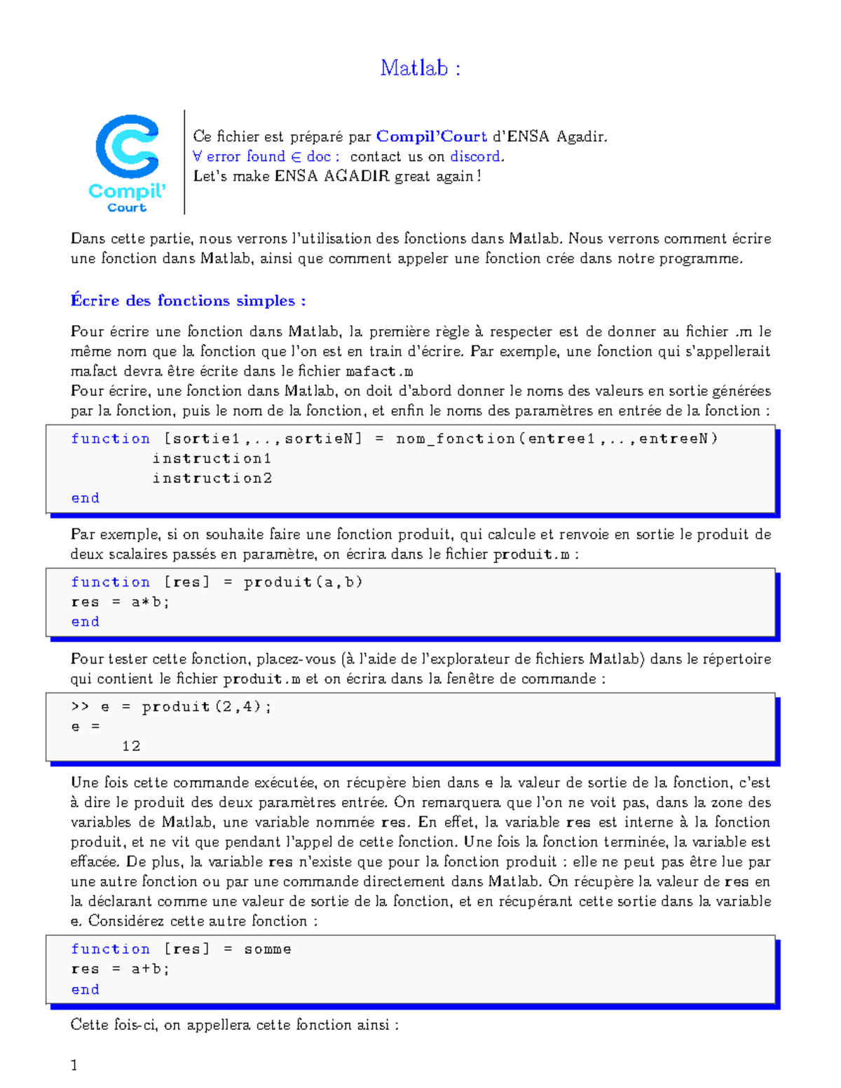 Matlab 4 - Td des exercice avec correction - Matlab : Ce fichier est préparé par Compil’Court d ...