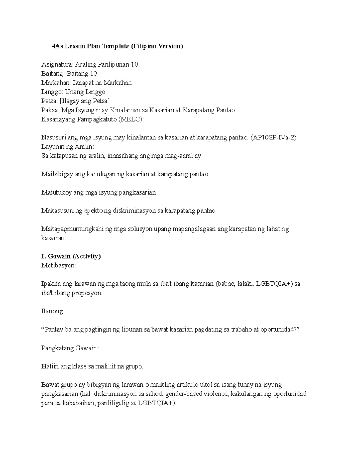 4As Lesson Plan Template: Gender Issues & Human Rights (Araling ...