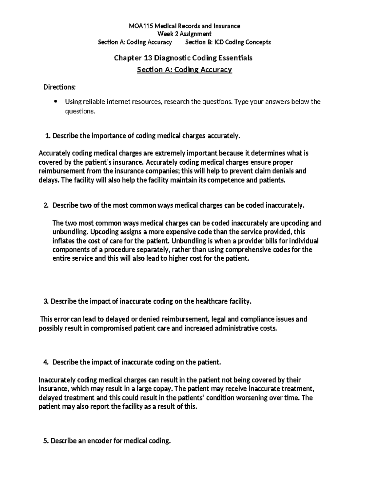 MOA115 Week 2 Assignment: Coding Accuracy & ICD Concepts Overview - Studocu